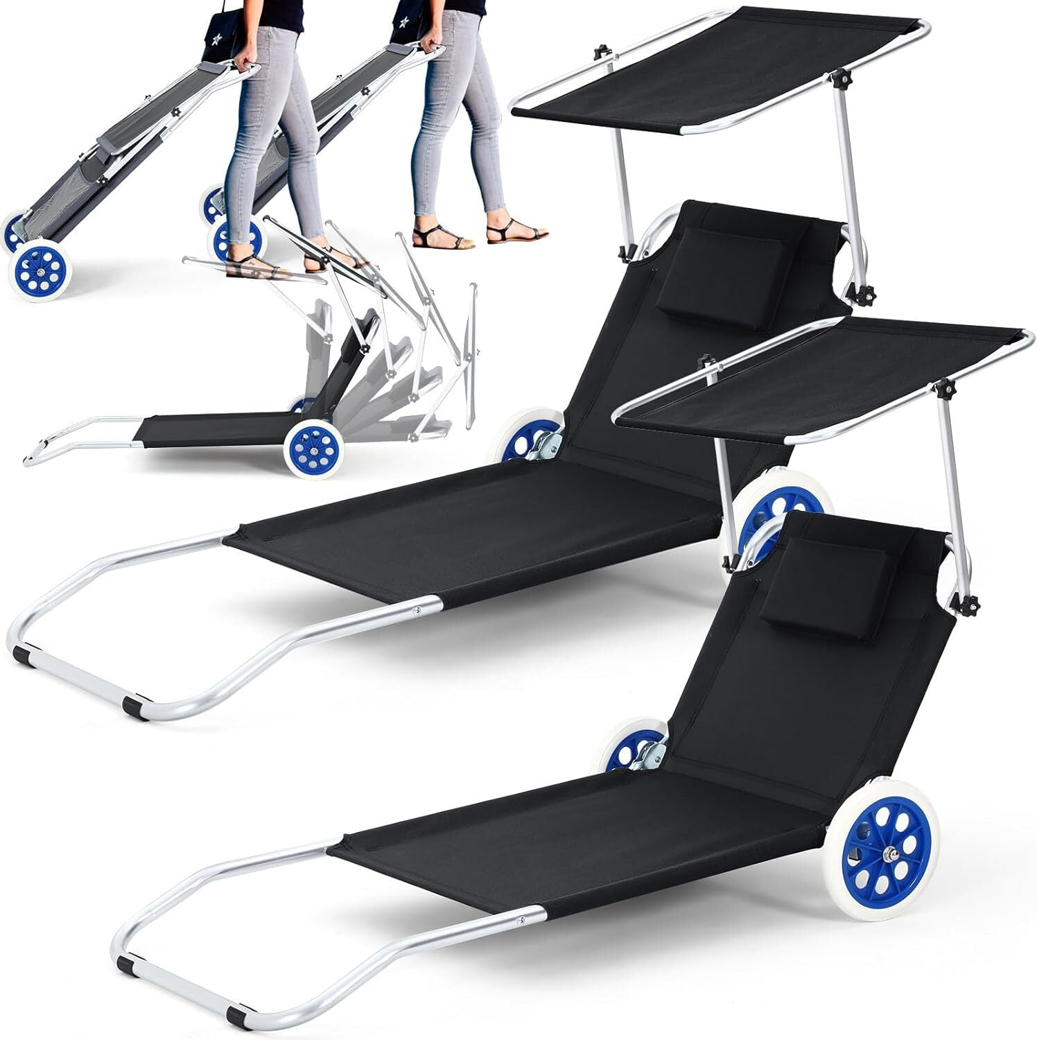 Reclining Lounger, Folding Beach Chaise Lounge Chair with Canopy Shade ...