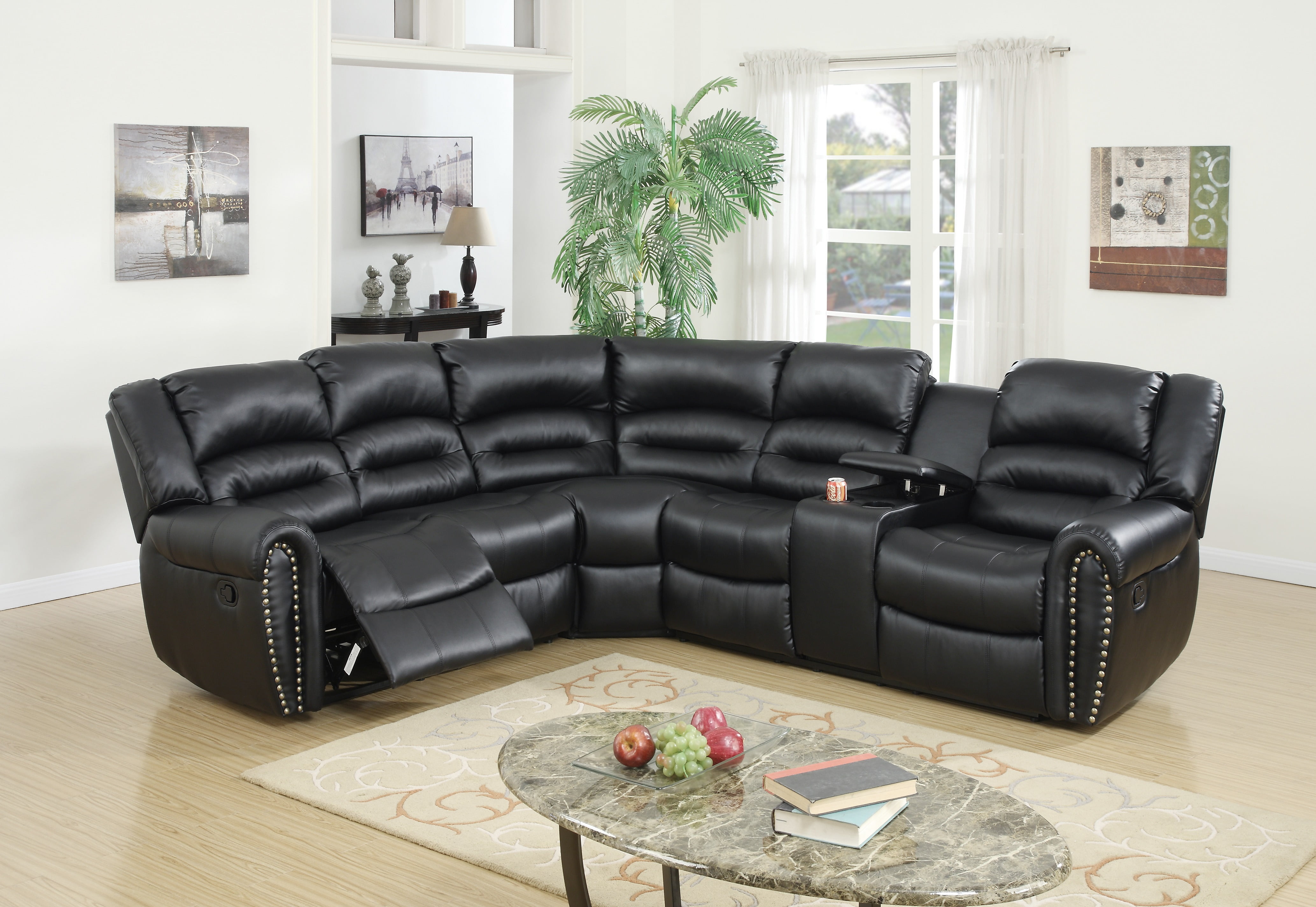 Reclining Motion Home Theater Sectional w Console Living Room Movie Family Bonded Leather Black Color