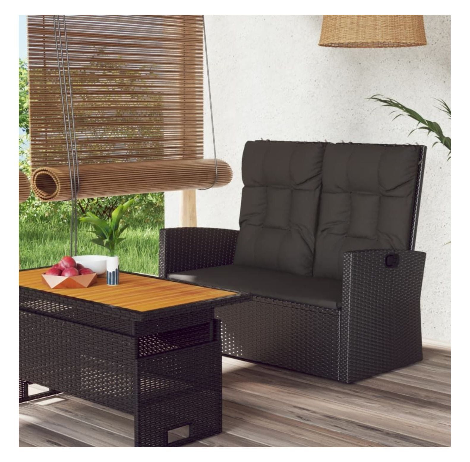 Reclining Patio Bench with Cushions - 46.5" Poly Rattan Outdoor Lounger ...