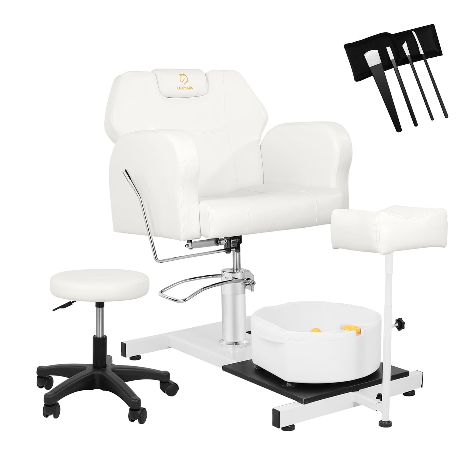 White Reclining Pedicure Chair with Foot Massage Basin & Stool ...