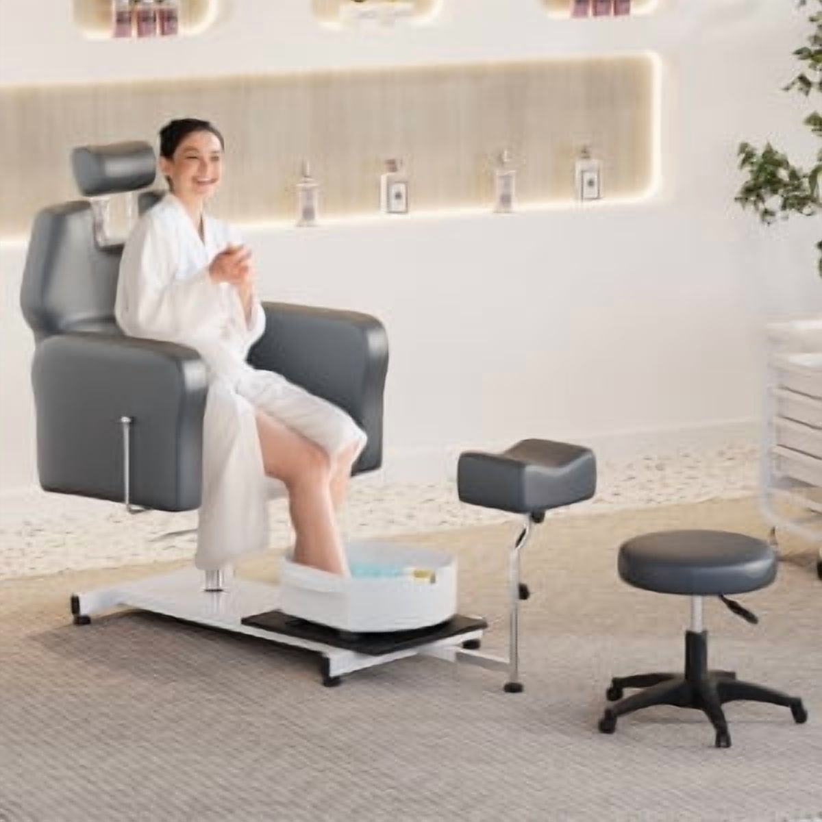 Reclining Pedicure Chair With Stool, Footrest & Massage Foot Basin, Height Adjustable Pedicure ...