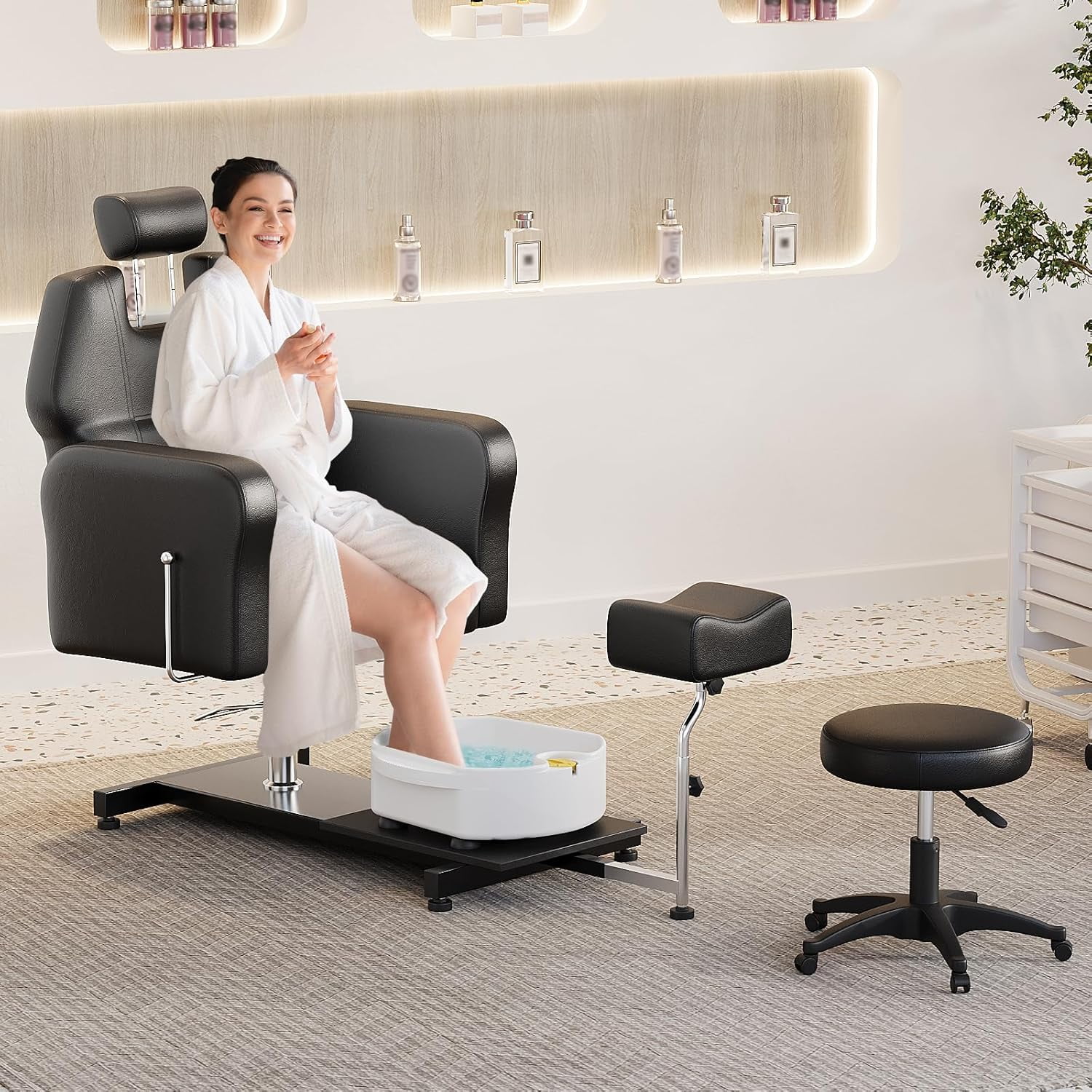 Reclining Pedicure Chair with Stool, Footrest & Massage Foot Basin ...