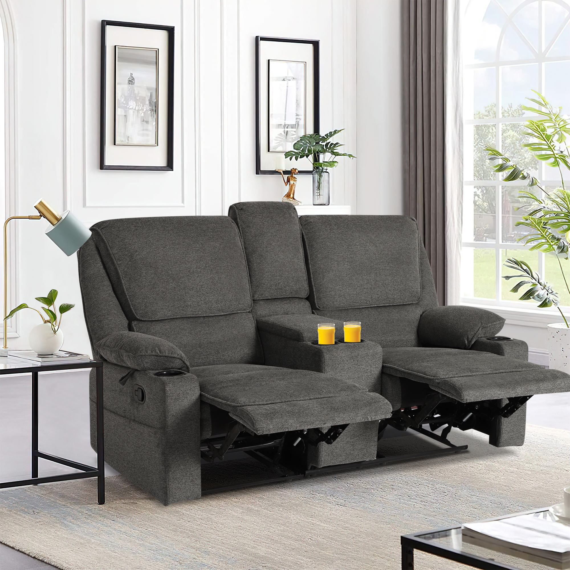 Reclining Loveseat Sofa 2 Seater Manual Recliner With Cup Holders And