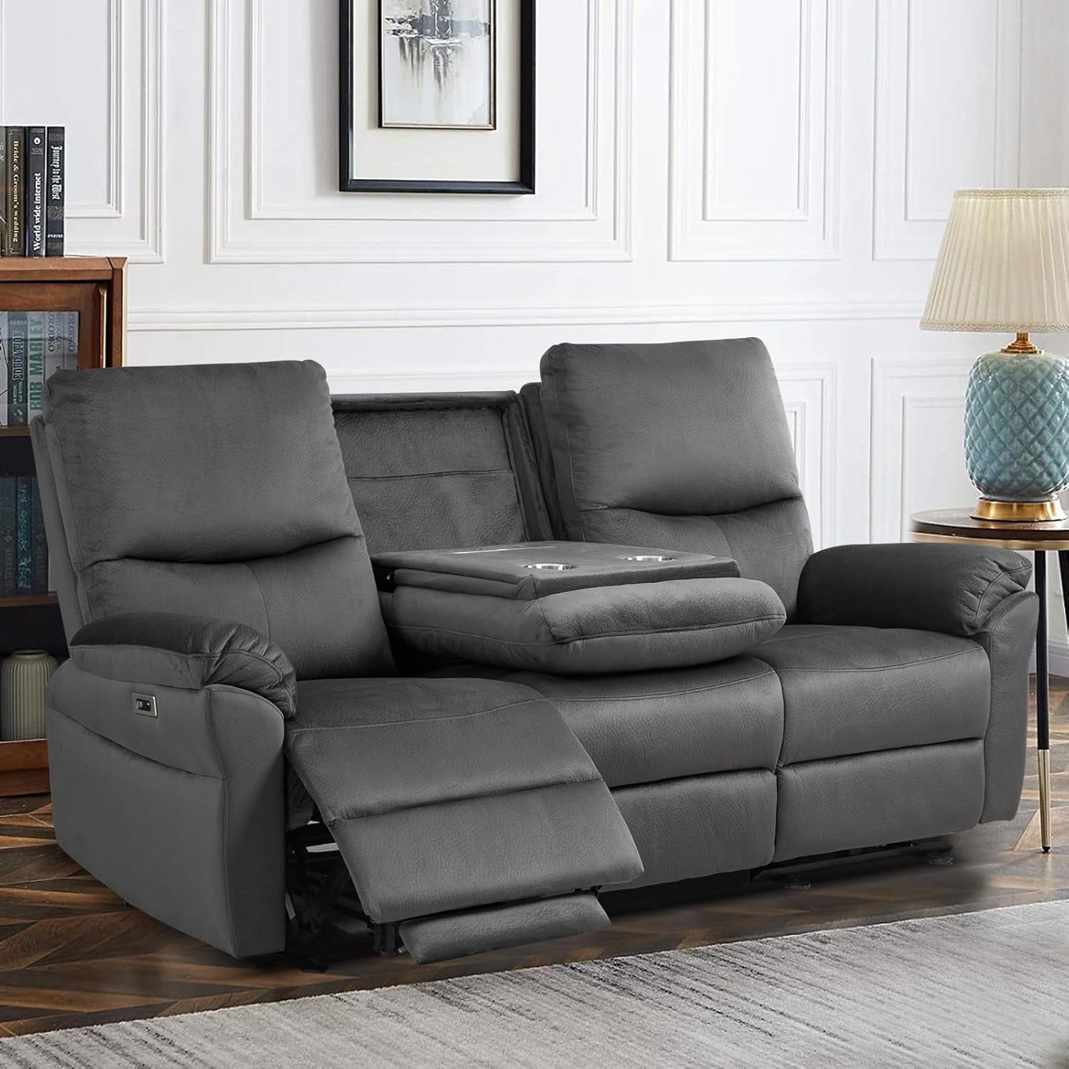 Reclining Sofa, Power Loveseat Recliner with Drop Down Table, Cup ...