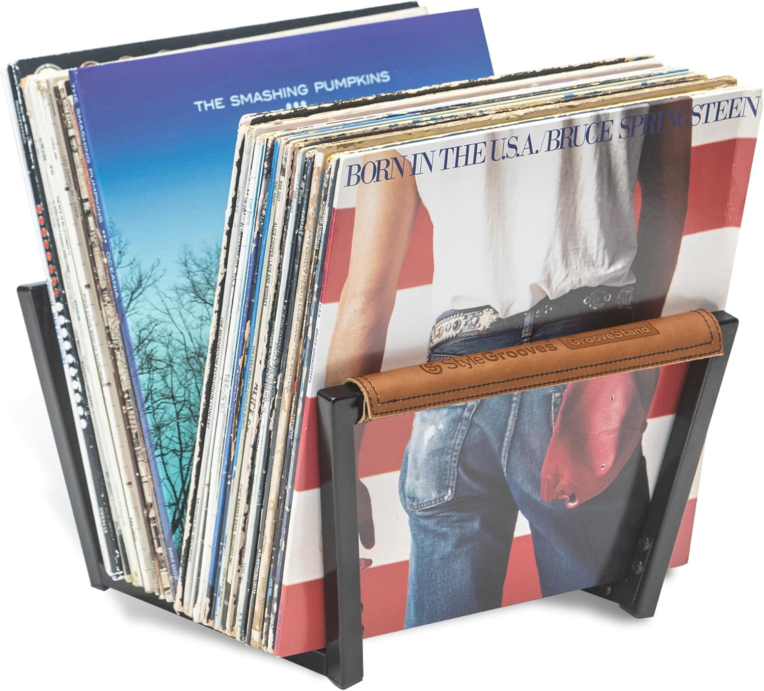 Record Holder Stand - 50+ Vinyl Storage Display - Black metal & leather ...