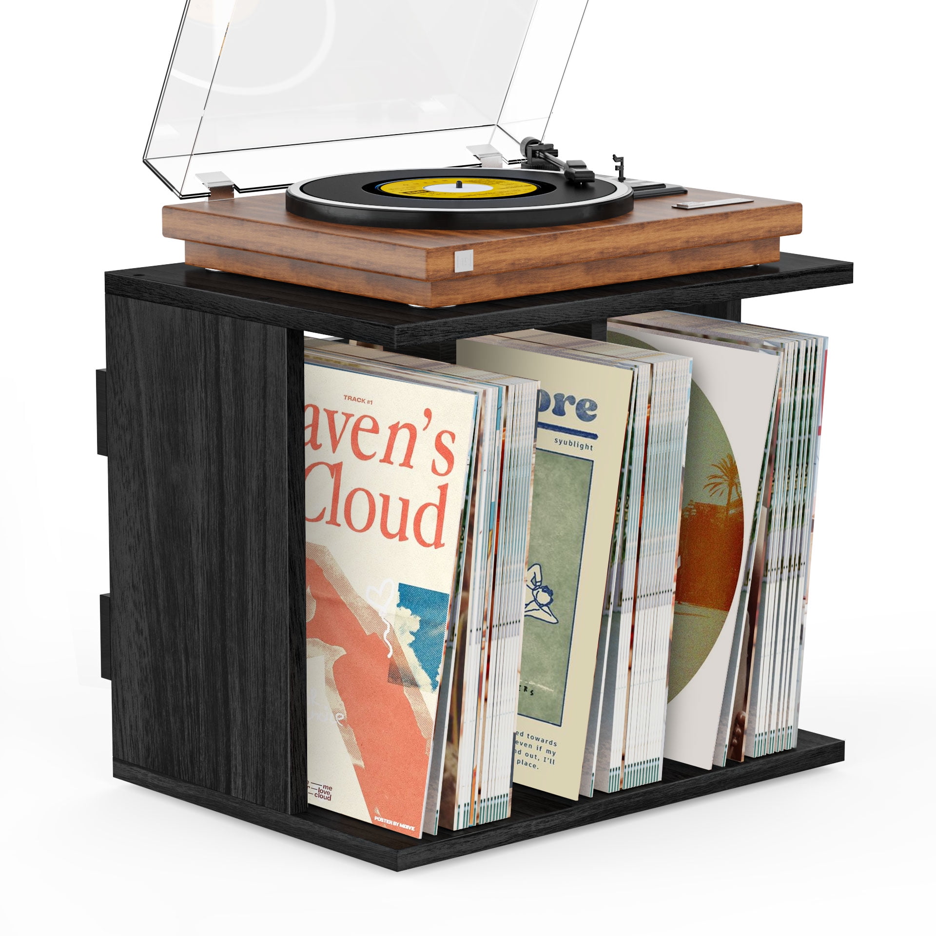 Emfogo Record Player Stand, 3-Compartment Vinyl Storage Rack, Holds 80 ...