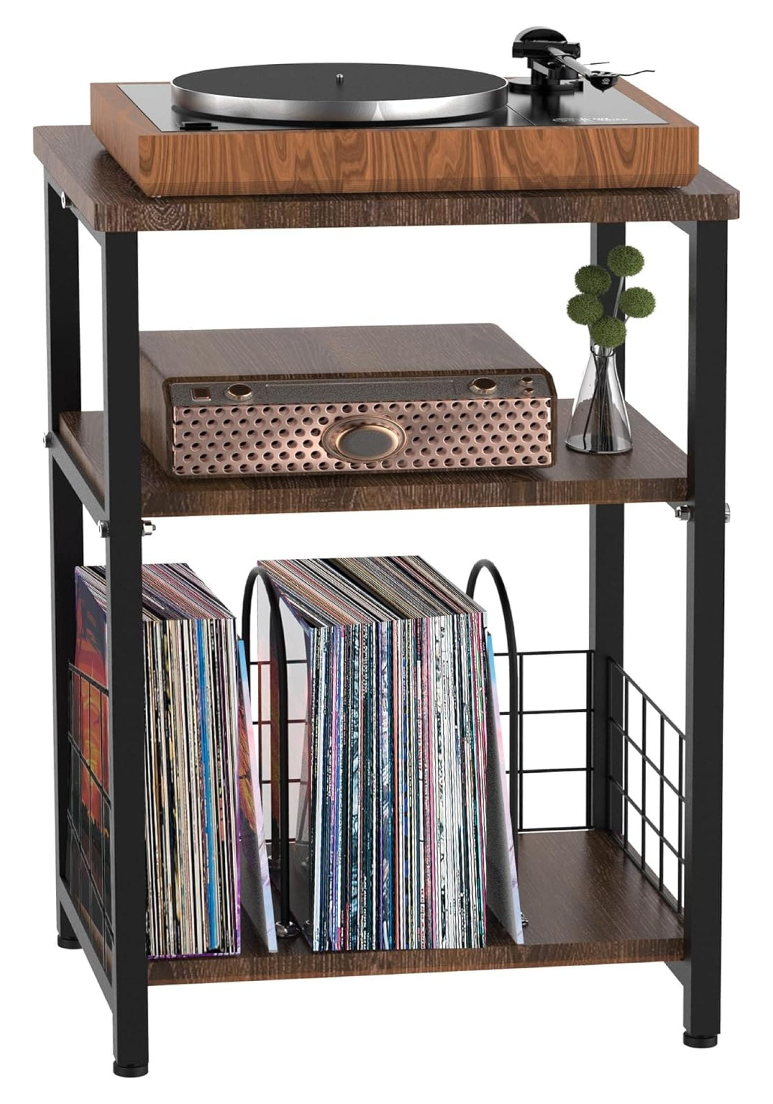 Record Player Stand, 3 Tier End Side Table with Vinyl Record Storage ...