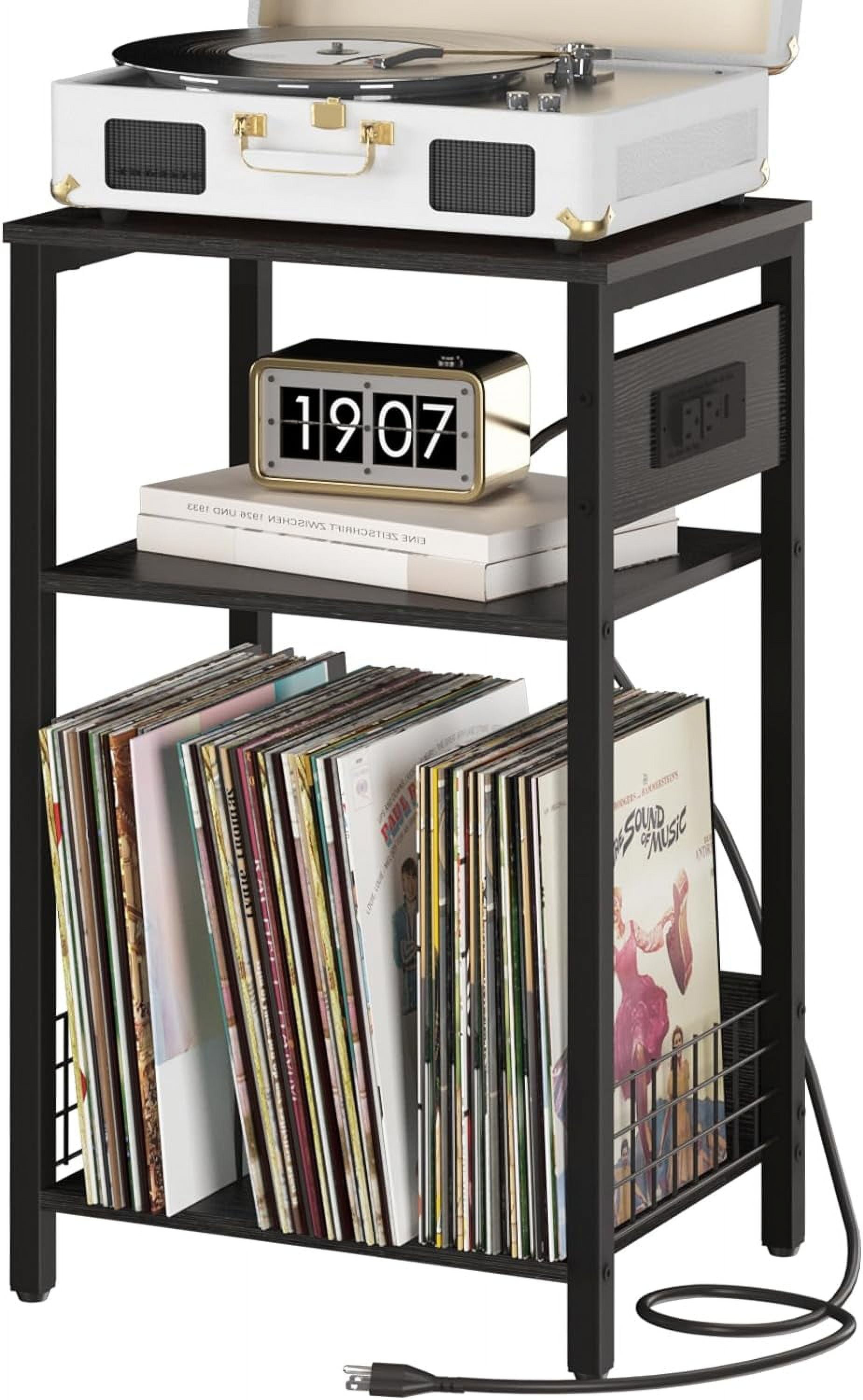 Record Player Stand, 3-Tier End Table with Charging Station, Small Side ...