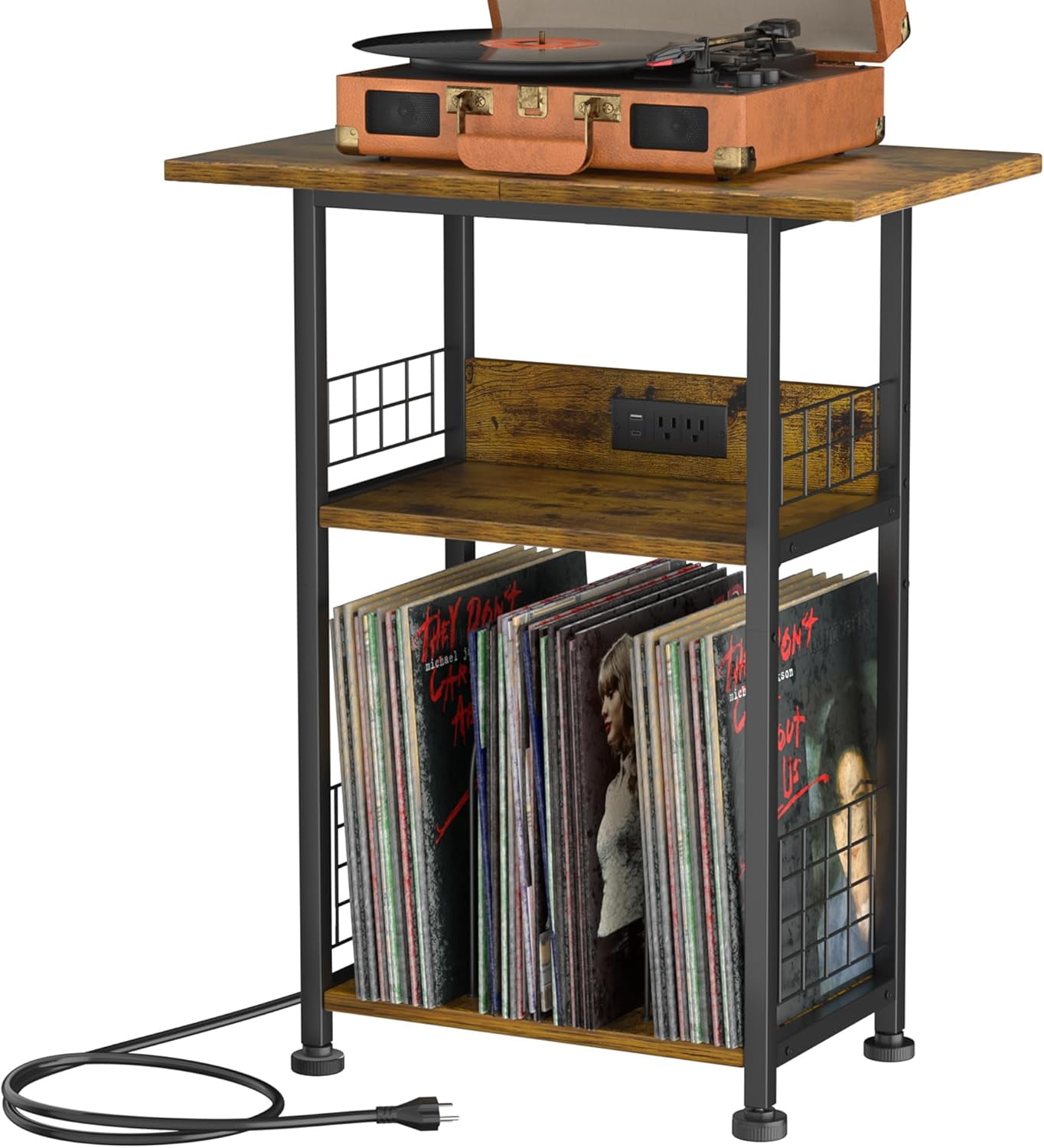 Record Player Stand - 3 Tier End Table with Charging Station, Turntable ...