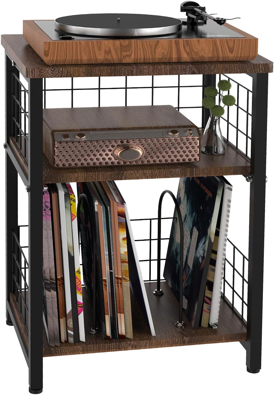 Record Player Stand, 3 Tier End Table with Double Layer Iron Wire Mesh ...