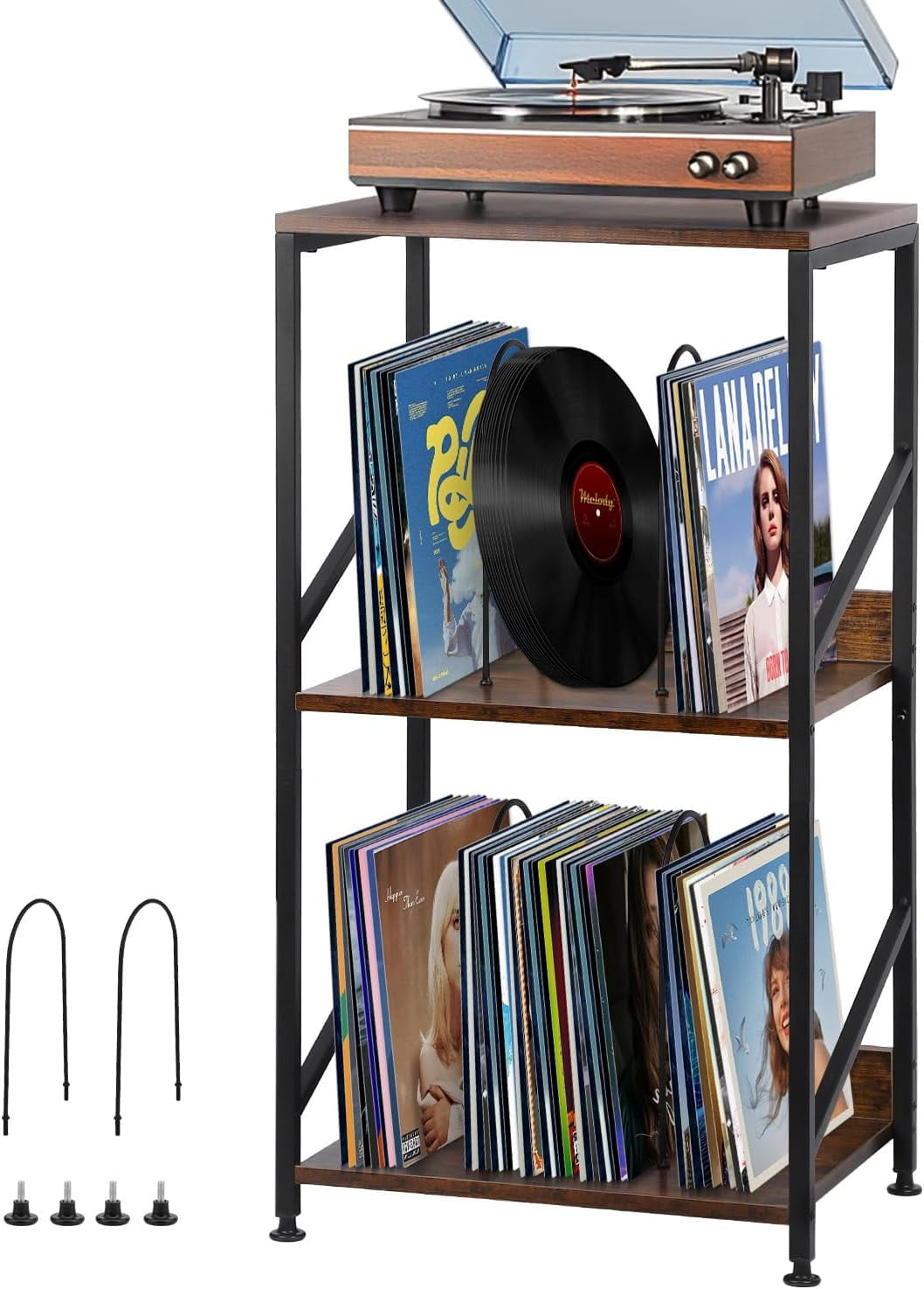 Record Player Stand, 3 Tier End Table with Record Storage Up to 200 ...