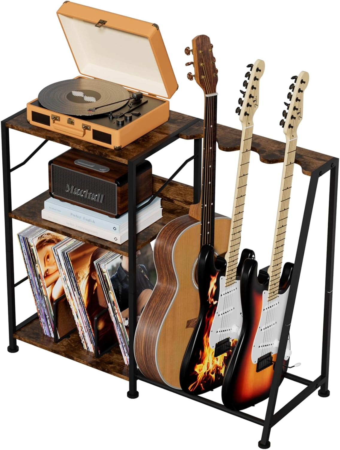 Record Player Stand, 3 Tier Guitar Stand for Acoustic, Electric Guitar ...
