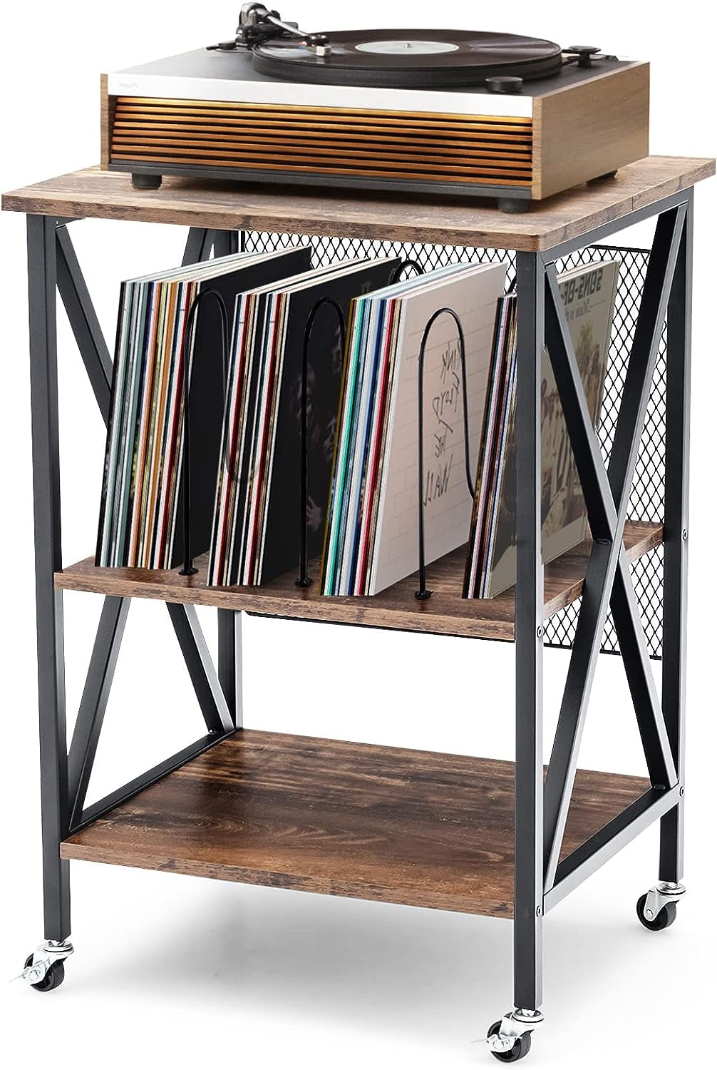 Record Player Stand, 3-Tier Rolling Vinyl Record Storage Holder Stand ...