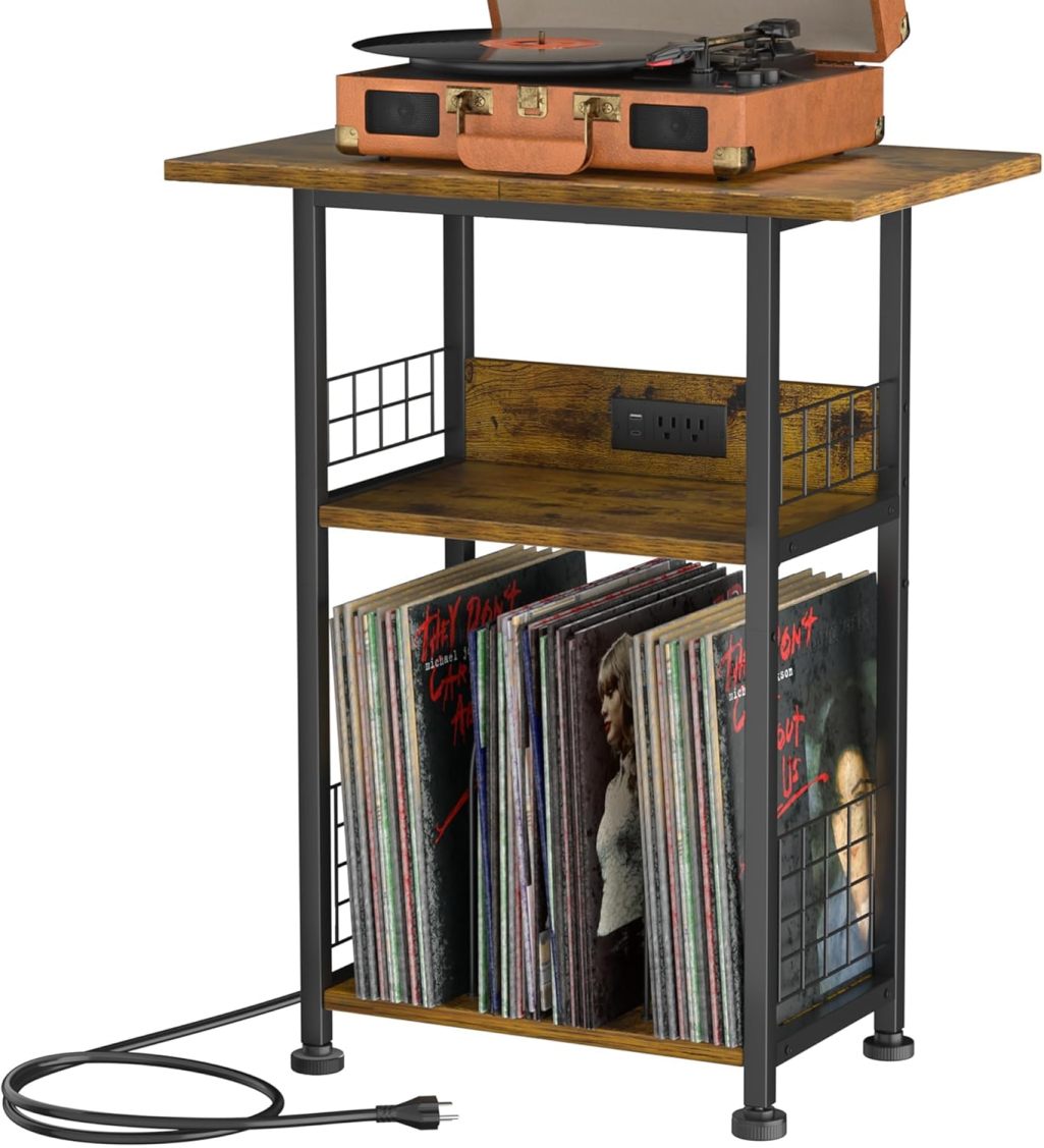 Record Player Stand - 3-Tier Rustic Brown Vinyl Storage Table with ...