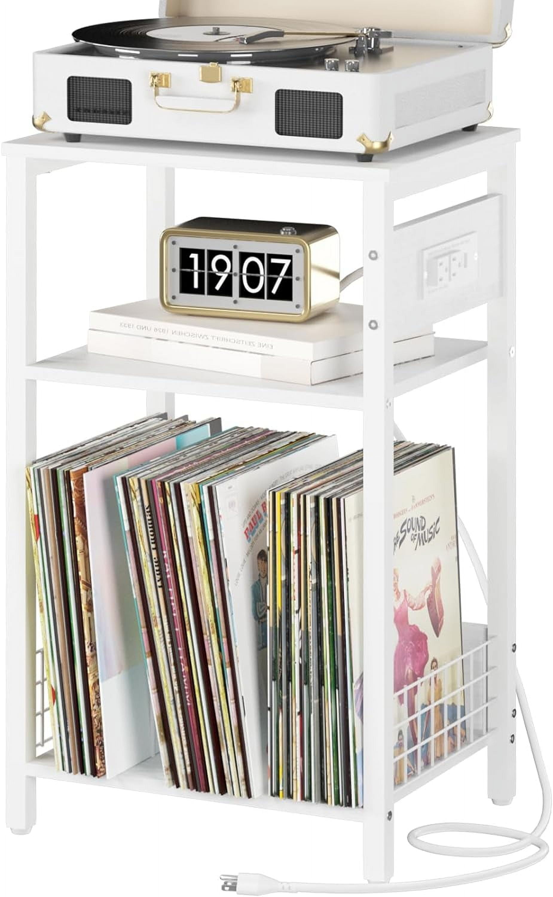 Record Player Stand, 3-Tier White Side Table with Charging Station ...