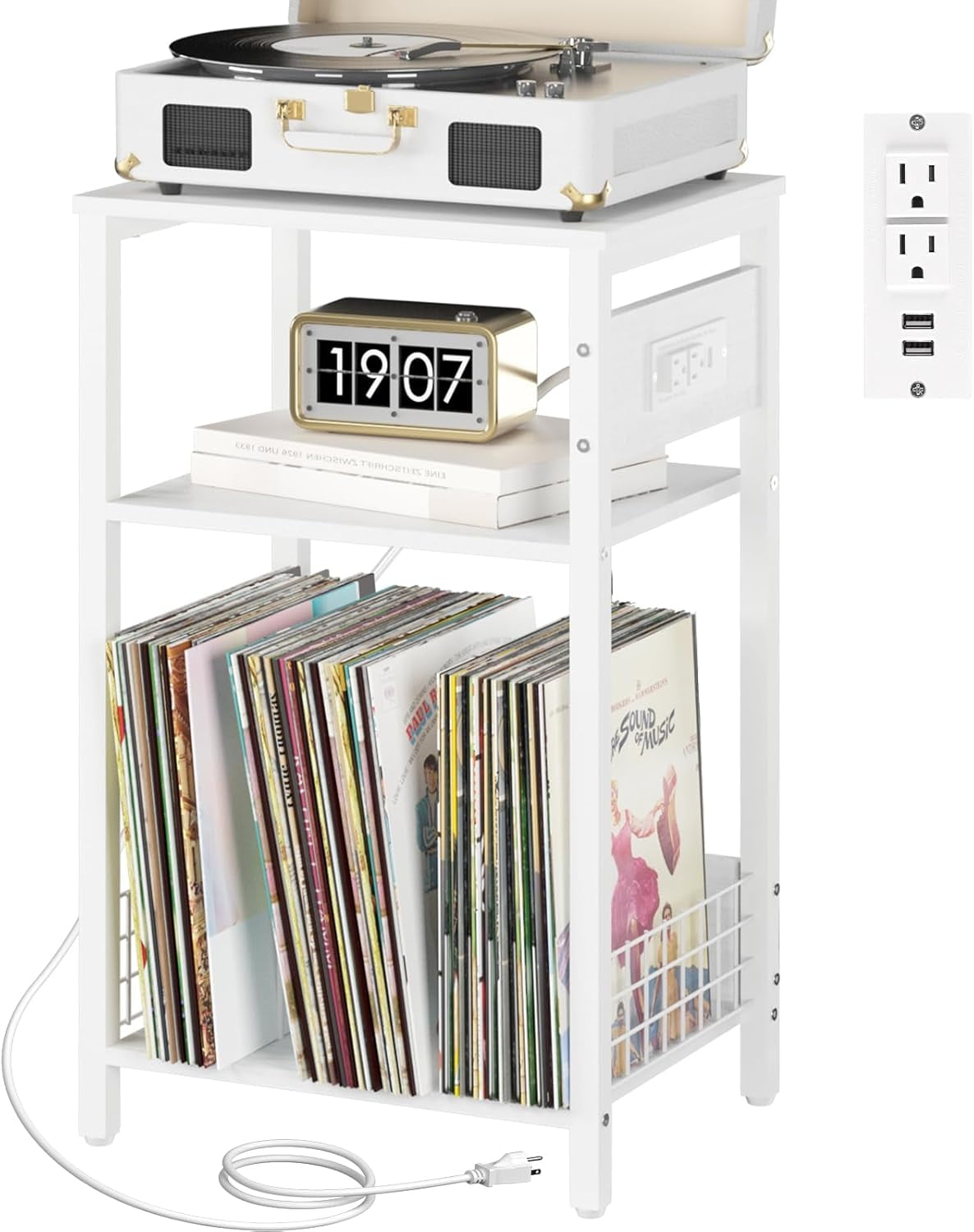 Record Player Stand, 3-Tier White Side Table with Charging Station, Small End Table Record ...