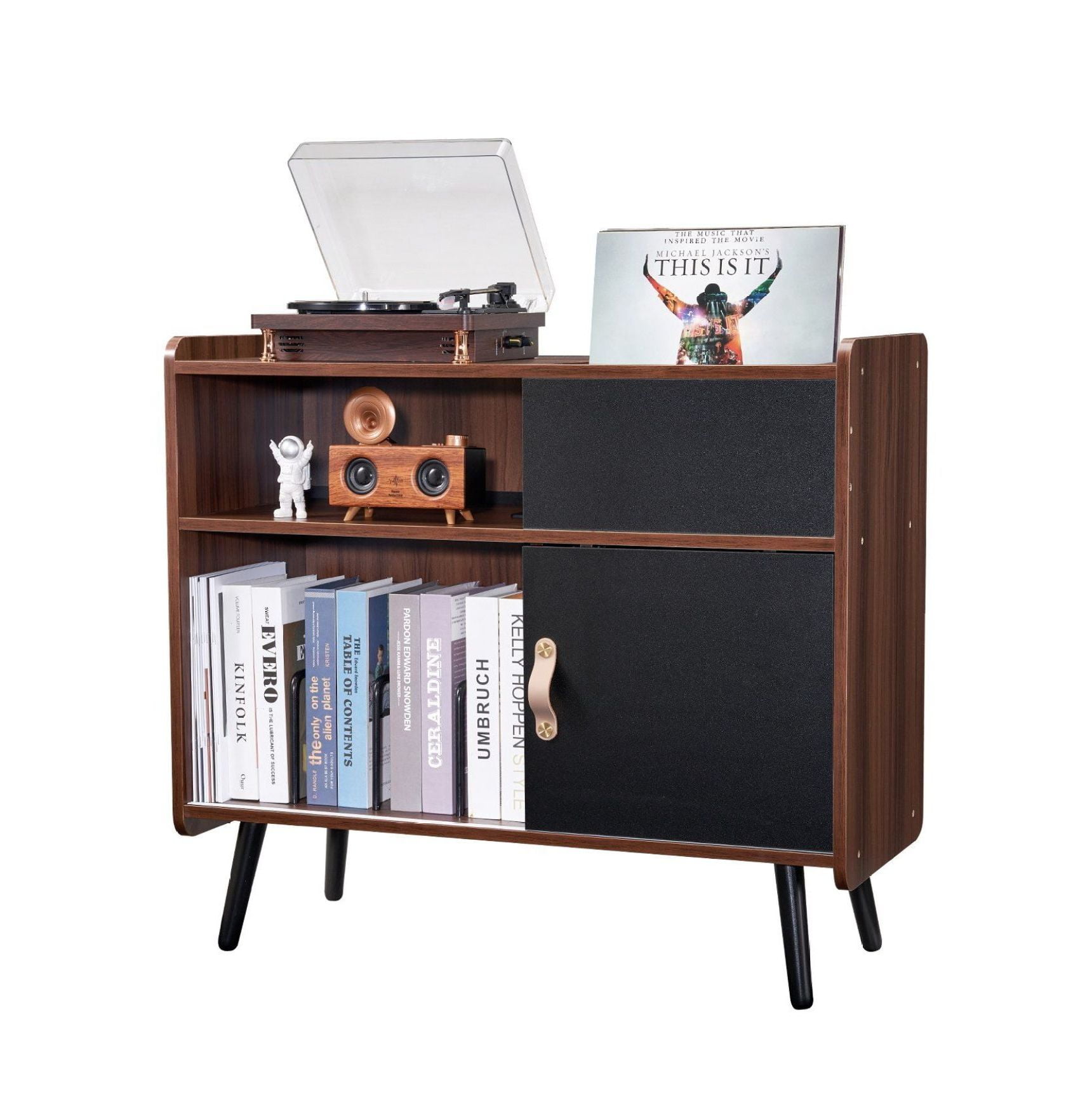 Record Player Stand 3-Tier Wooden Turntable Stand Sliding Door Power ...