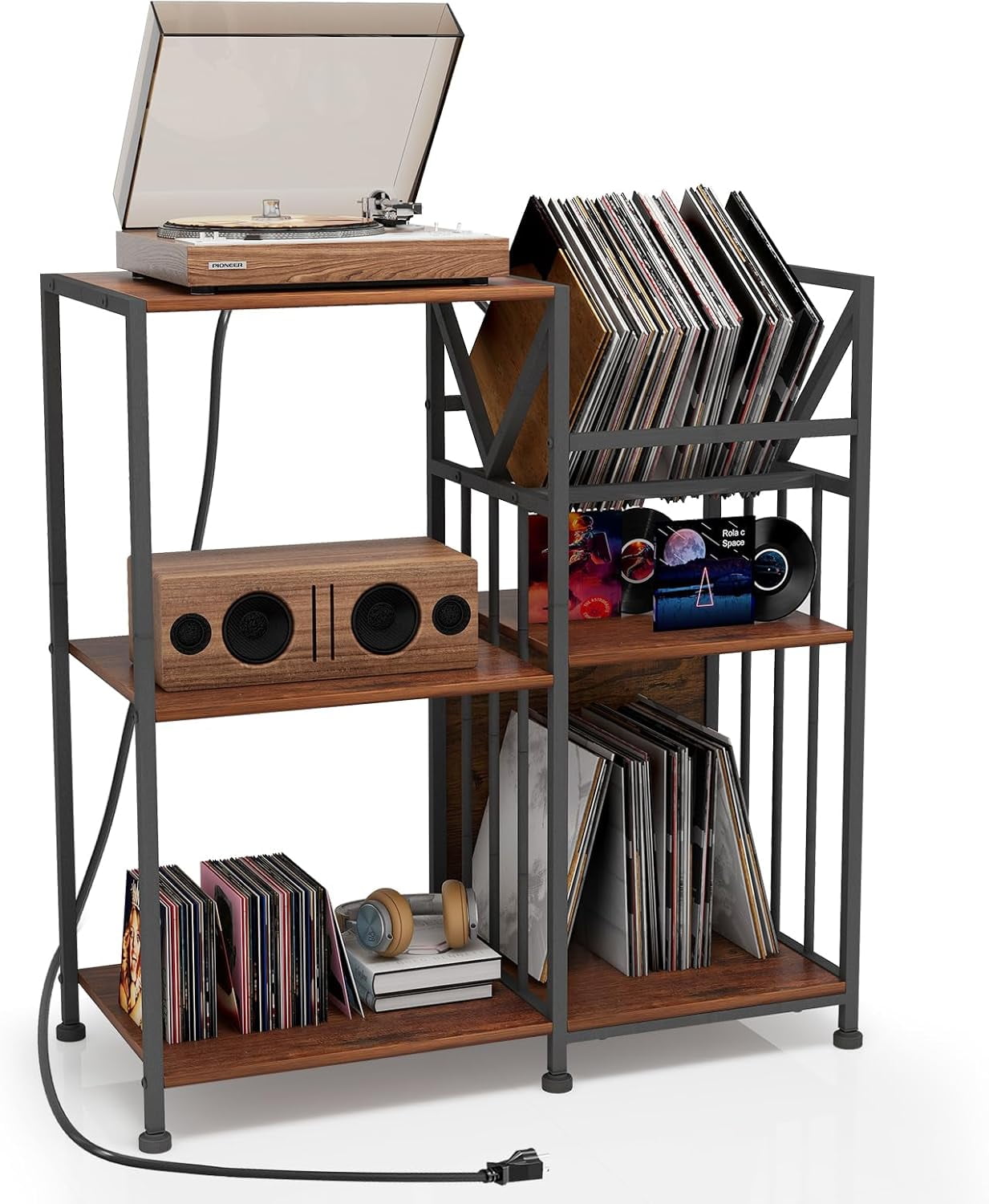 Record Player Stand with Adjustable LED Light and Charging Station, 3 ...