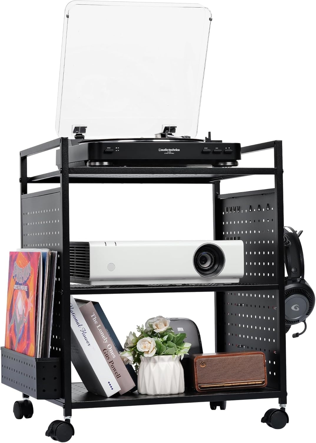 Record Player Stand Audio-Video Organizer Rack, Rolling Media Stand for ...