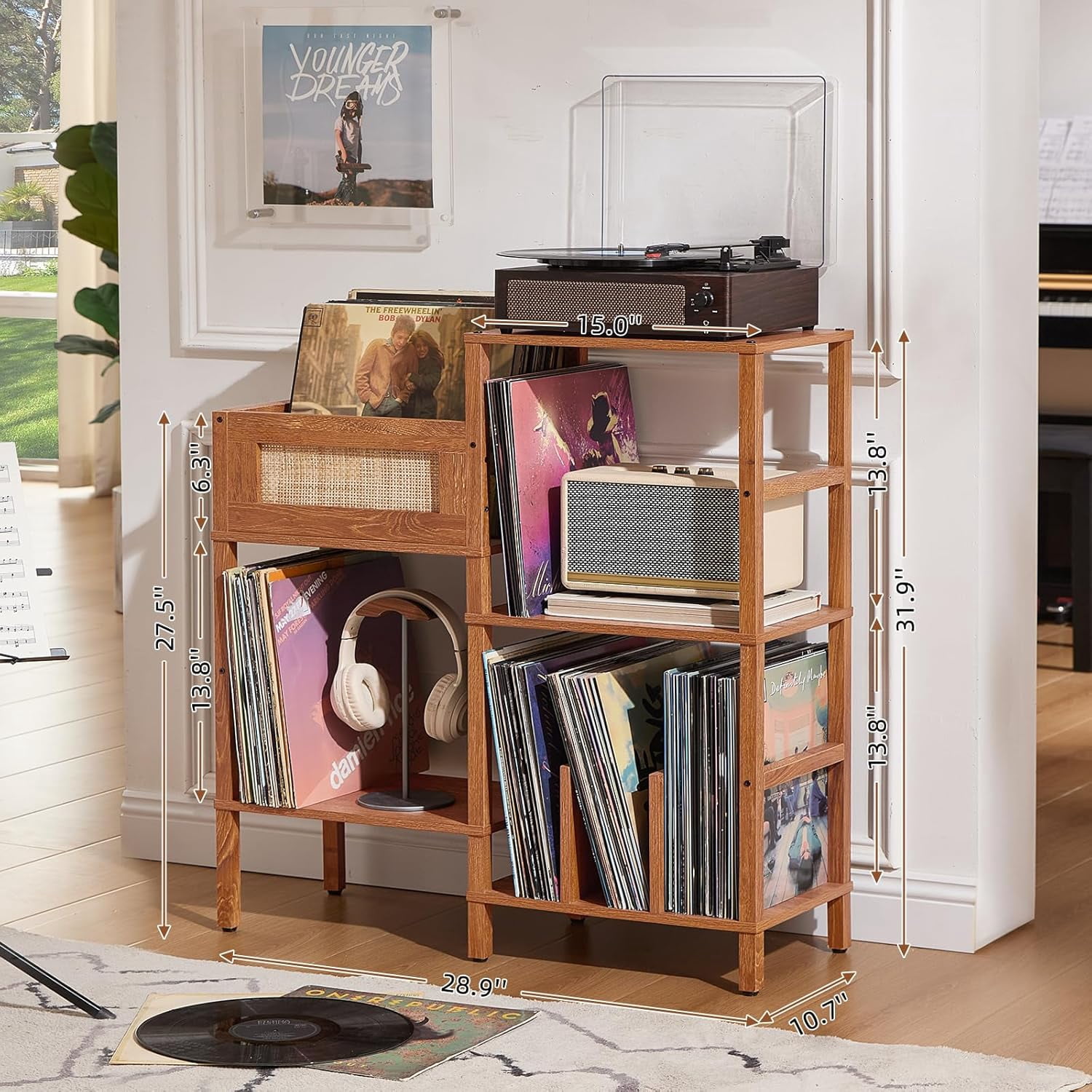 Record Player Stand, Brown Wood Record Holder with Vinyl Storage Holds ...