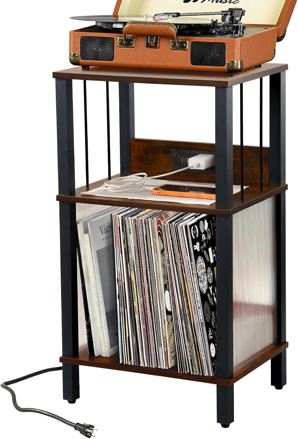 Record Player Stand with Charging Station, 3 Tier End Table with Vinyl ...