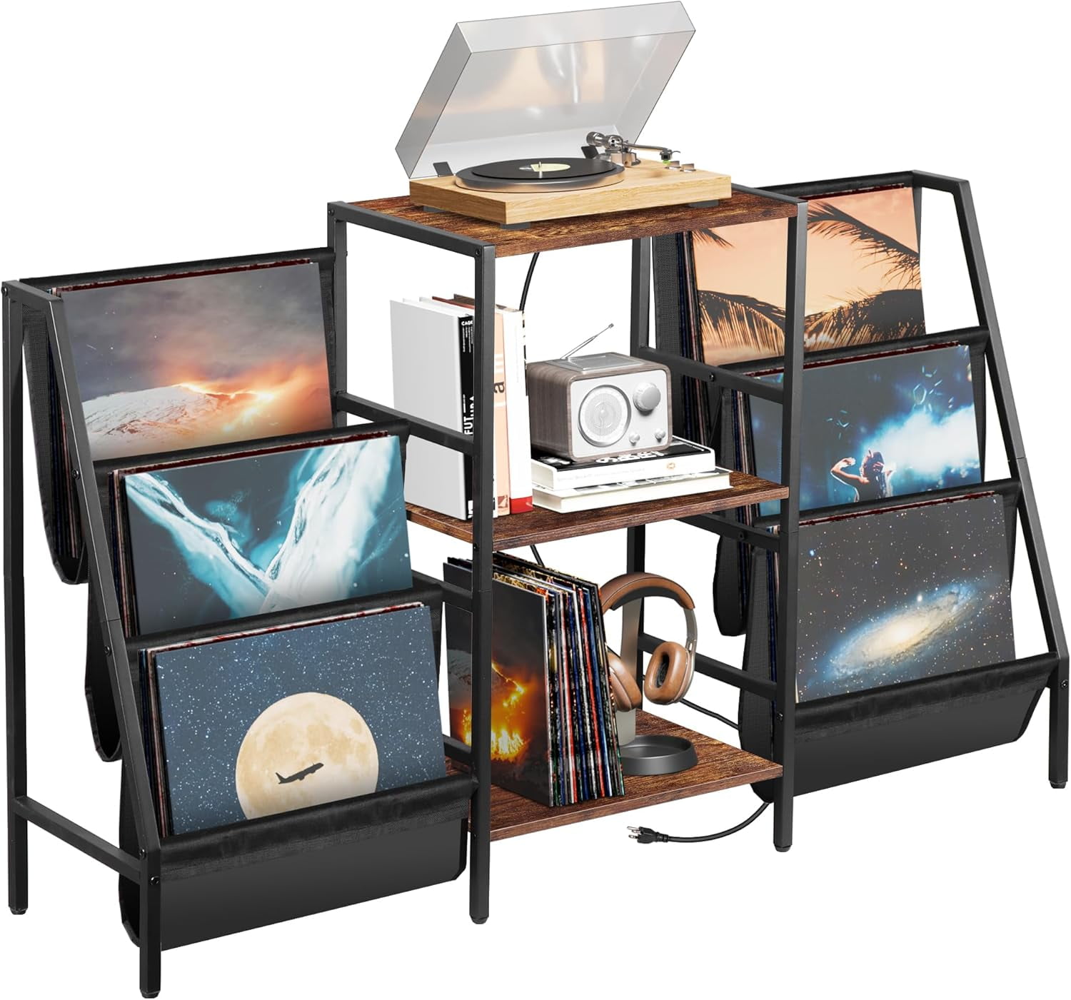 Record Player Stand with Charging Station, 3-Tier Vinyl Storage Rack ...