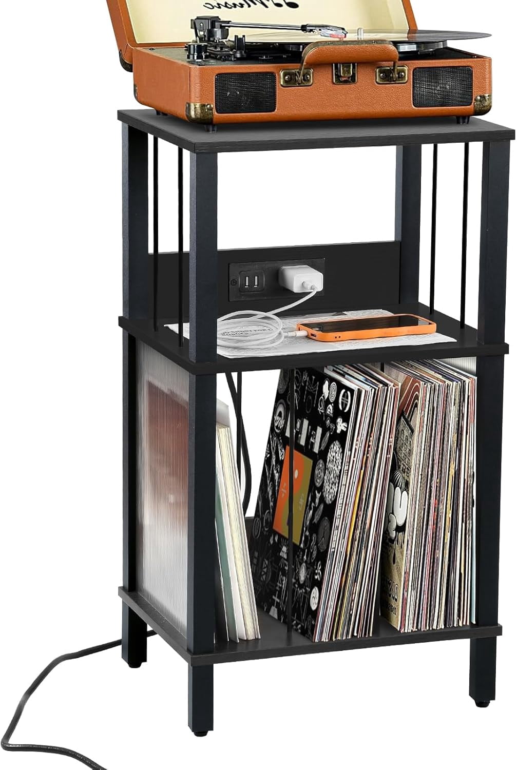 Record Player Stand with Charging Station, 3-Tier Wooden End Table ...