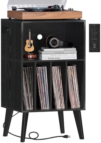 Record Player Stand with Charging Station, Black Turntable Stand Holds ...