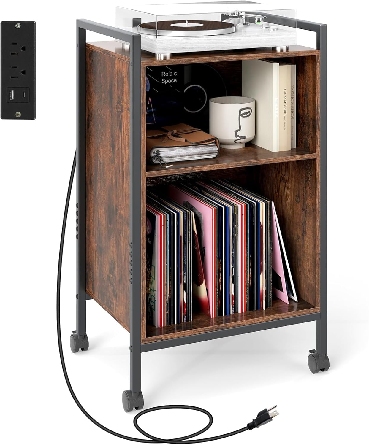 Record Player Stand with Charging Station, Mobile Turntable Stand with ...