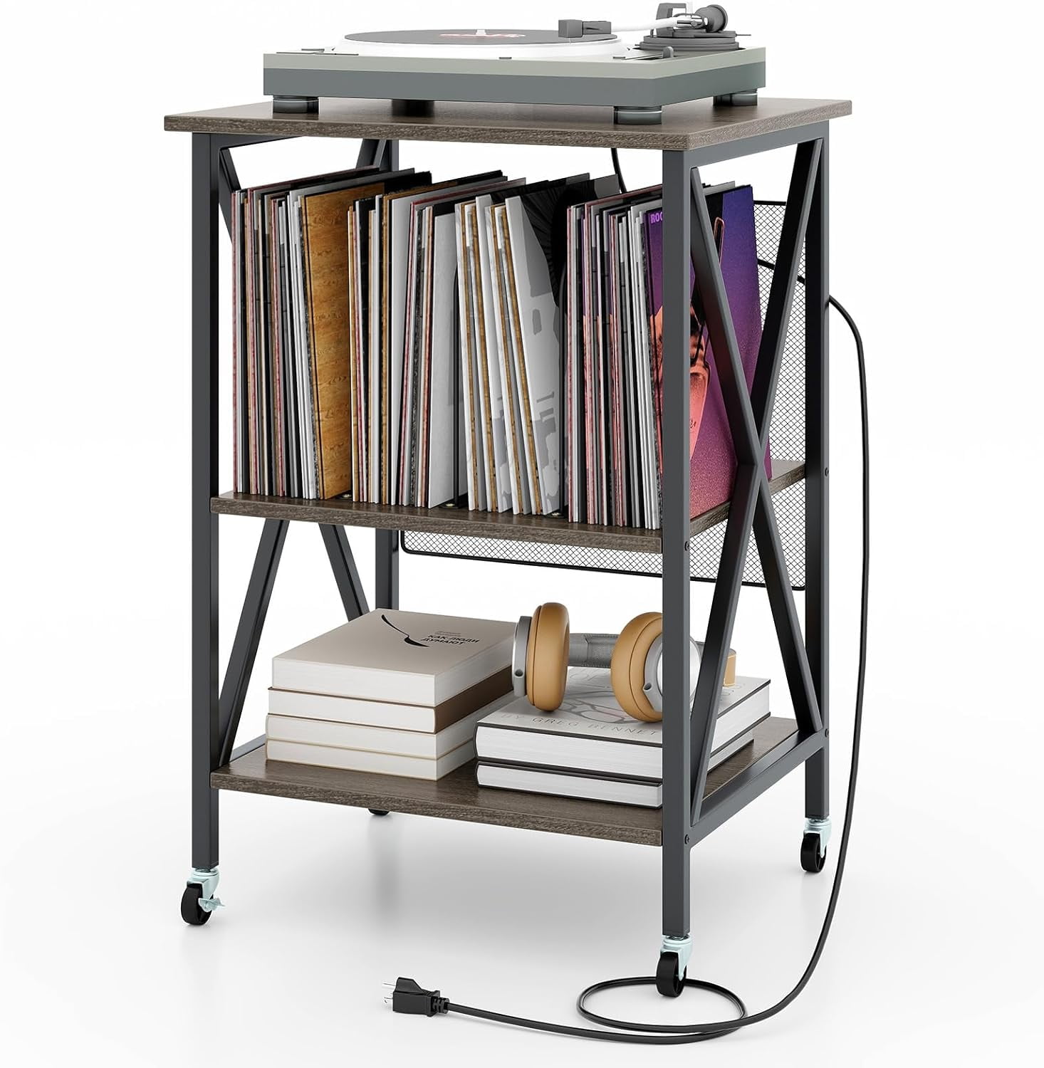 Record Player Stand with Charging Station Turntable Stand with Record ...