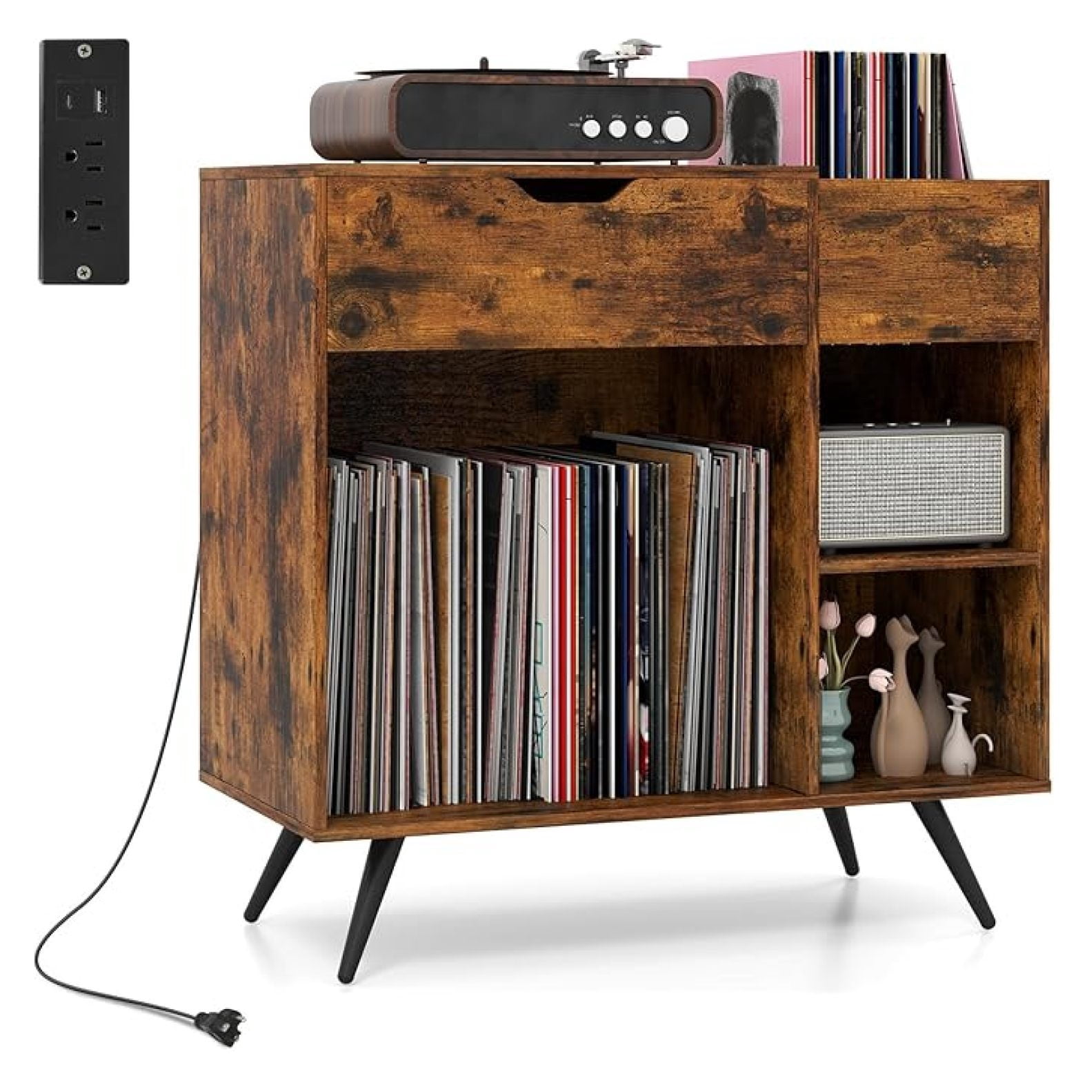 Record Player Stand with Charging Station, Vinyl Record Holder with ...