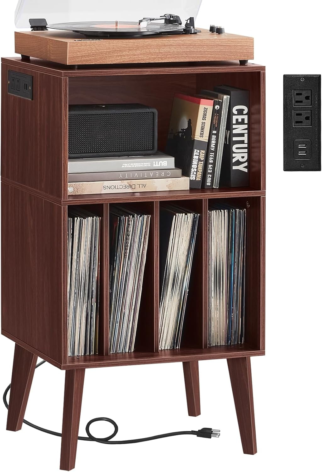 Record Player Stand with Charging Station, Walnut Turntable Stand Holds ...