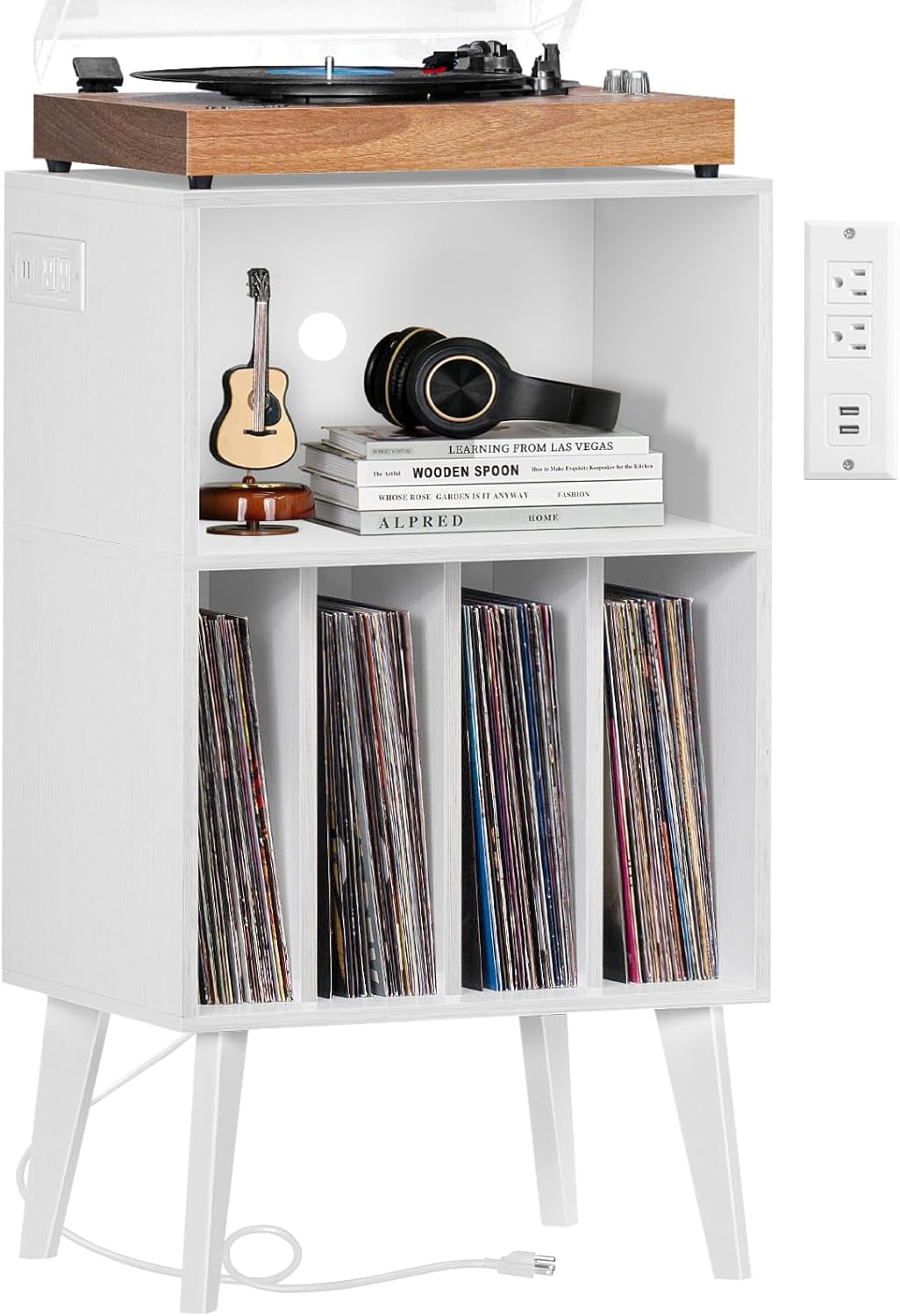 Record Player Stand with Charging Station Walnut Turntable Stand Holds ...