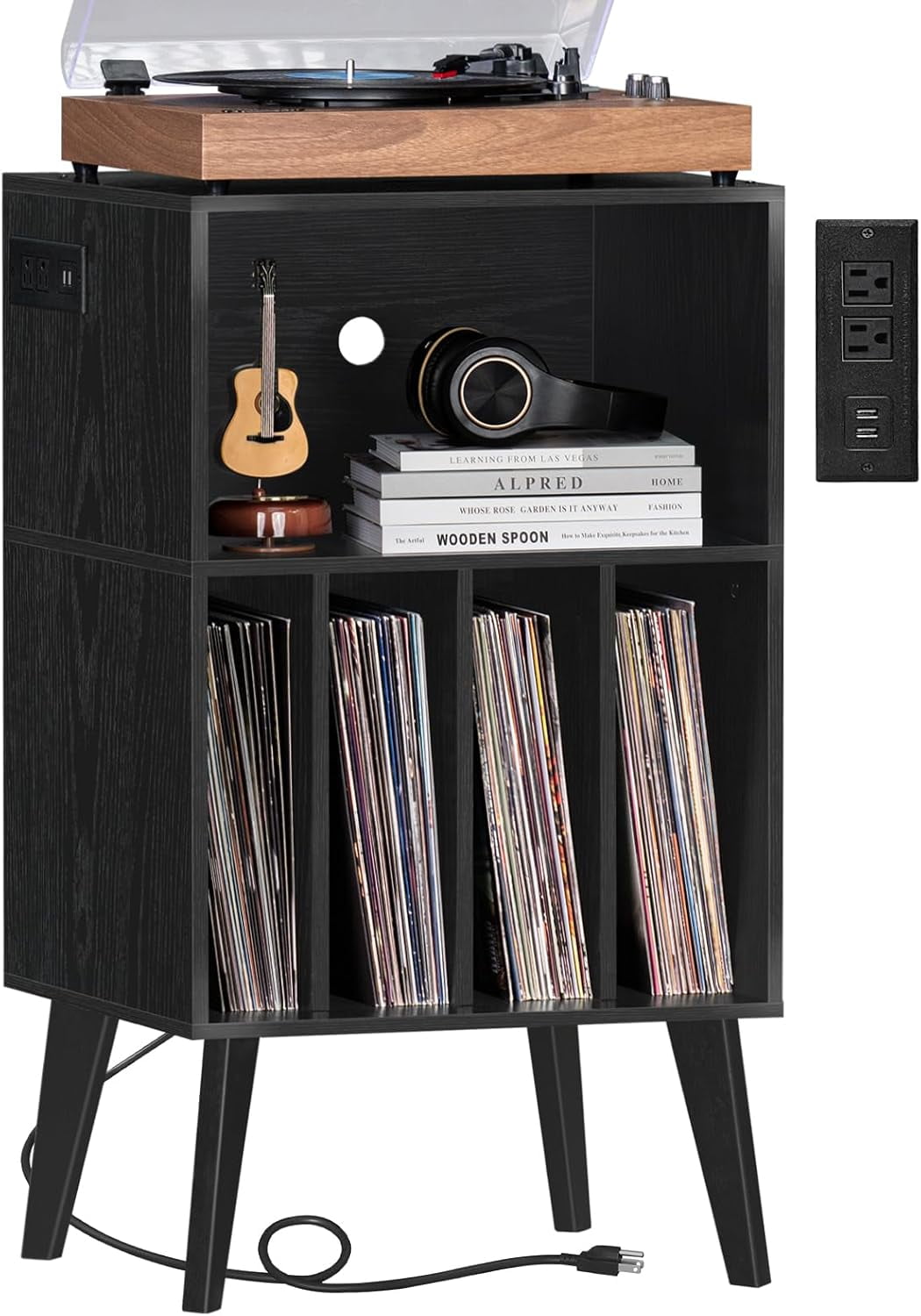 Record Player Stand with Charging Station, White Turntable Stand Holds ...