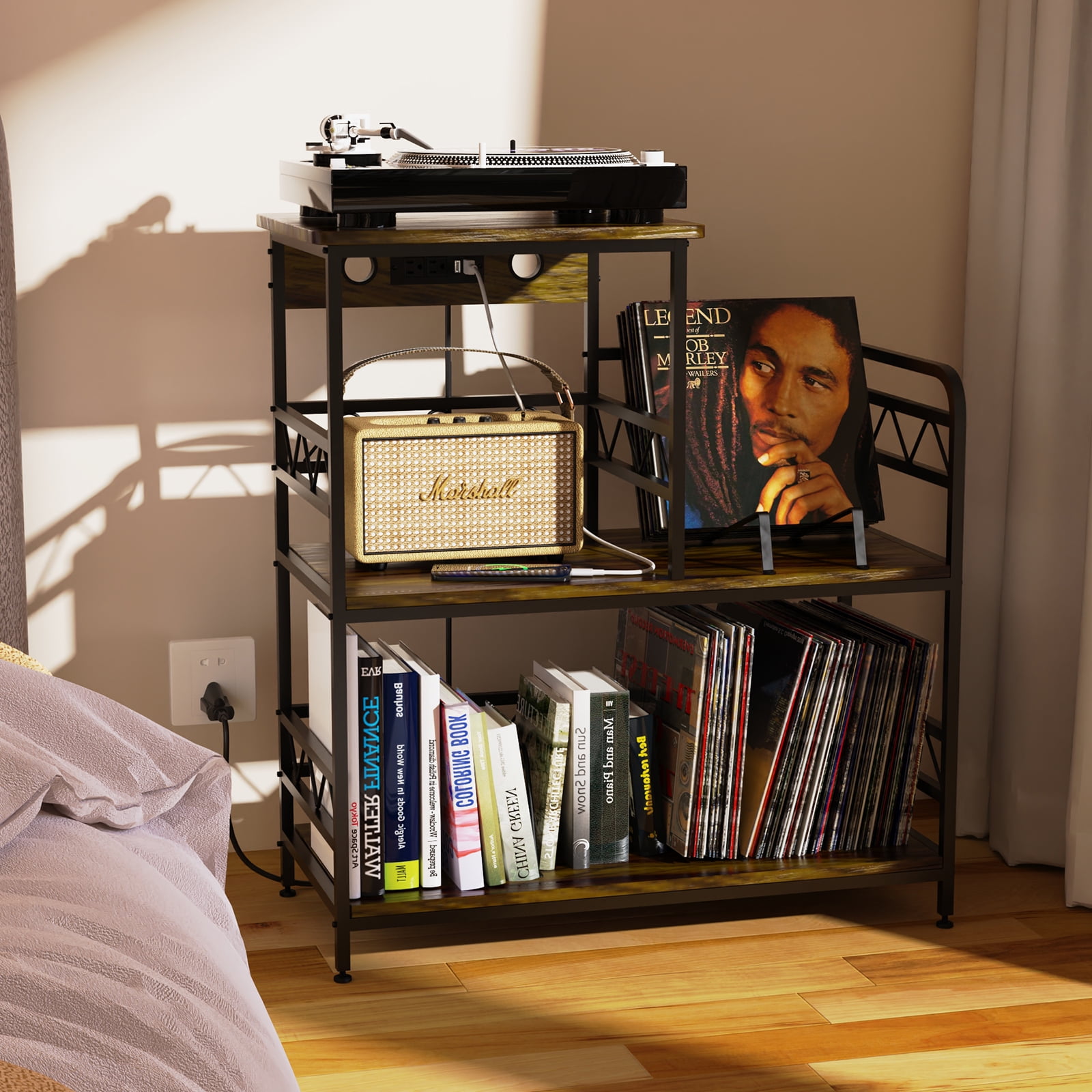 Record Player Stand, End Table with Charging Station, Vinyl Record ...