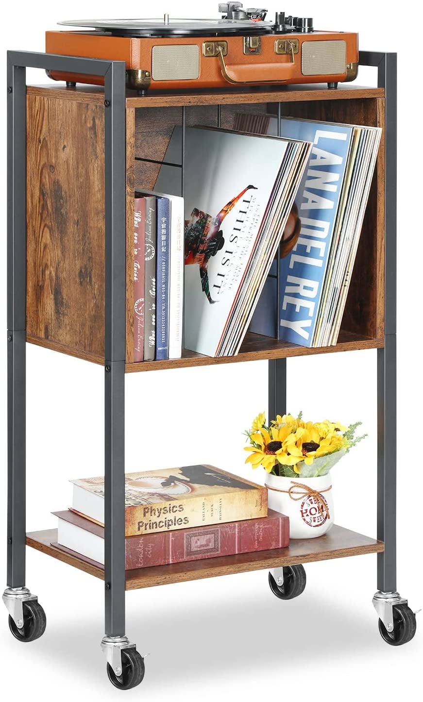 Record Player Stand End Table with Vinyl Record Storage Holder, Brown ...