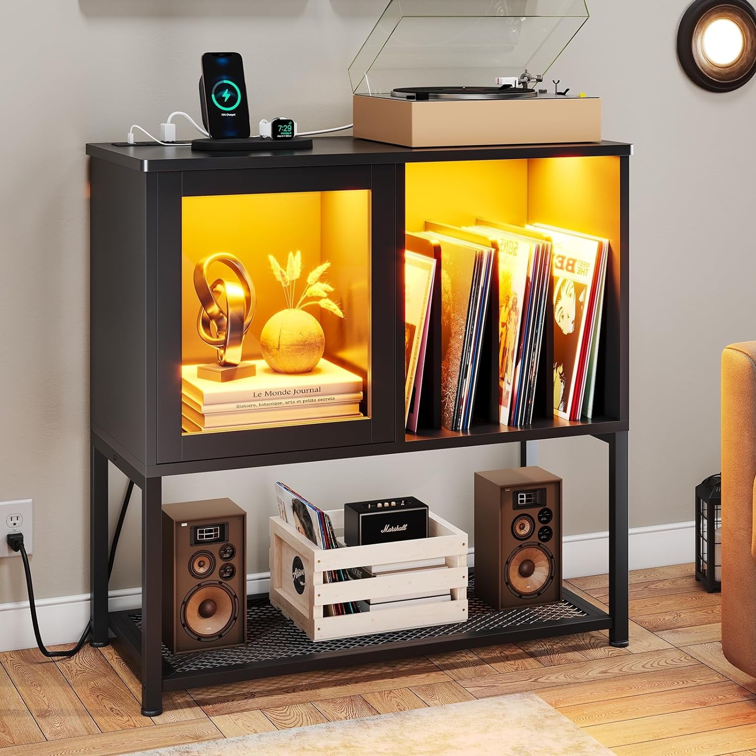 Record Player Stand End with Charging Station & LED Lights Record ...