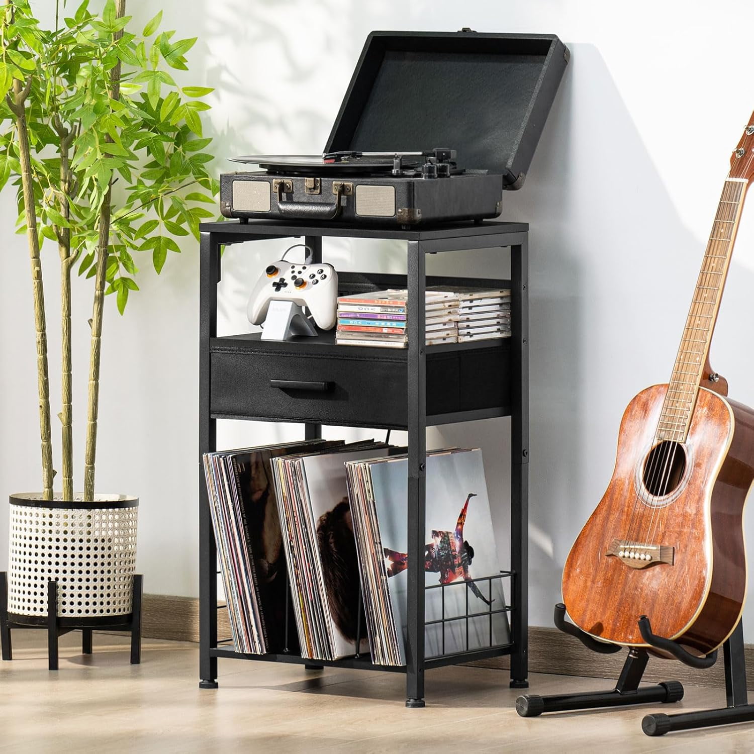 Record Player Stand with Fabric Drawer, 3 Tier AV Media Stands with ...