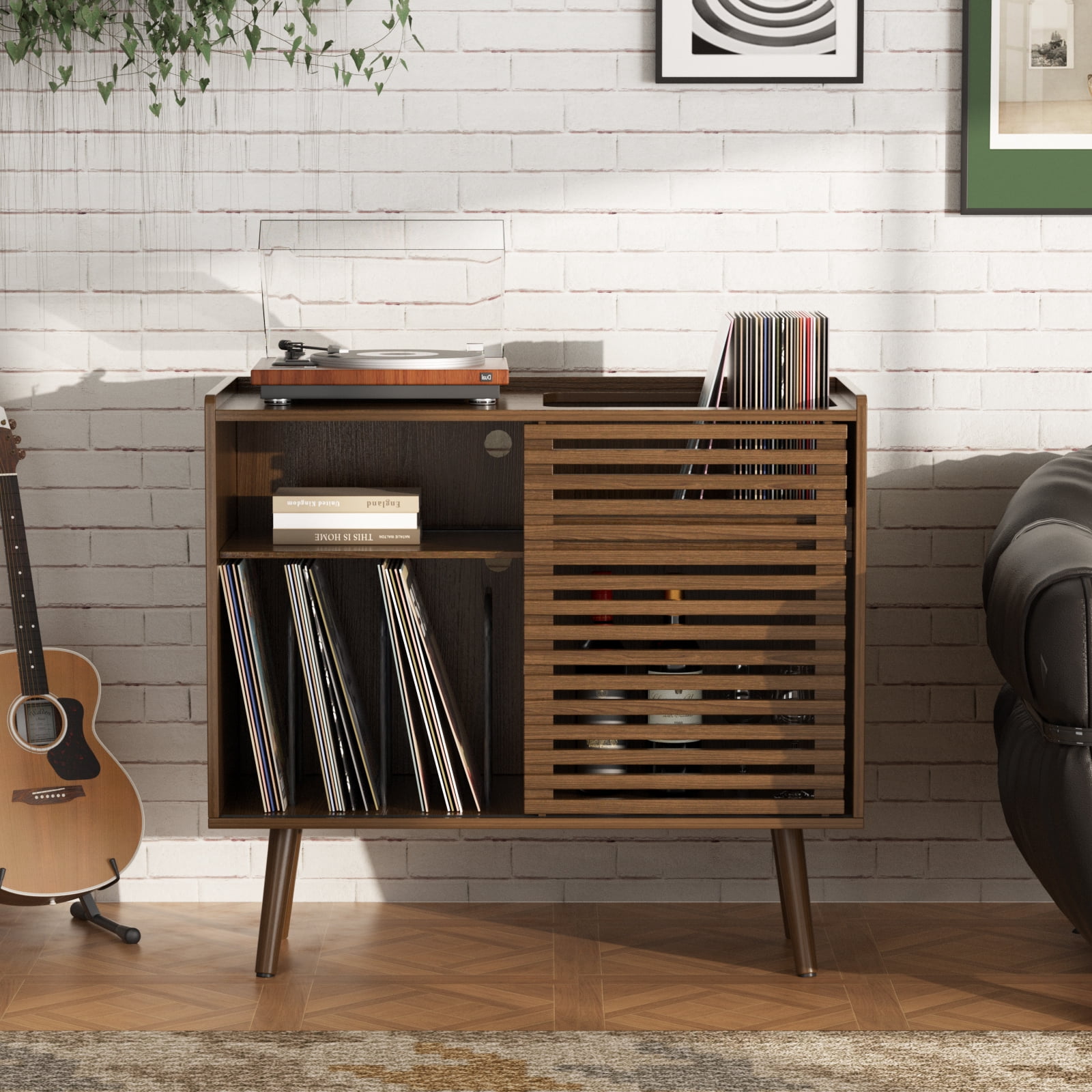 Record Player Stand with Media Storage, Wooden Furniture, Holds upto ...