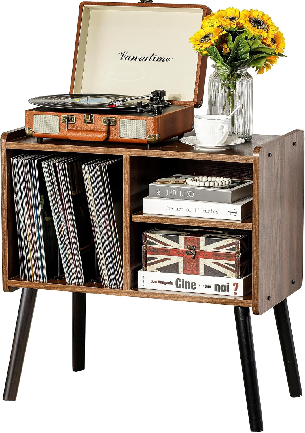 Record Player Stand, Mid-Century Record Player Table with Storage Hold ...