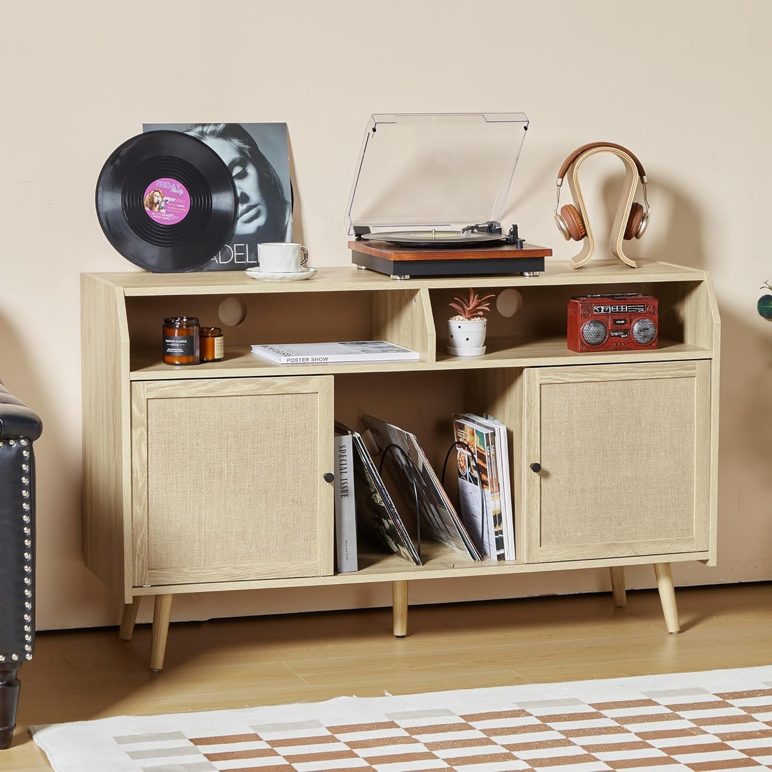 Record Player Stand, Mid Century Turntable Stand Holds Up to 400 Albums ...