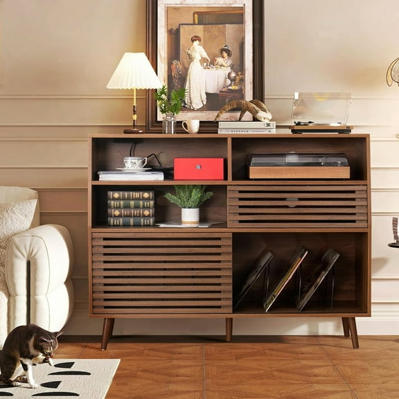 VNT 39in Large Record Player Stand with Charging Station, Media Storage ...