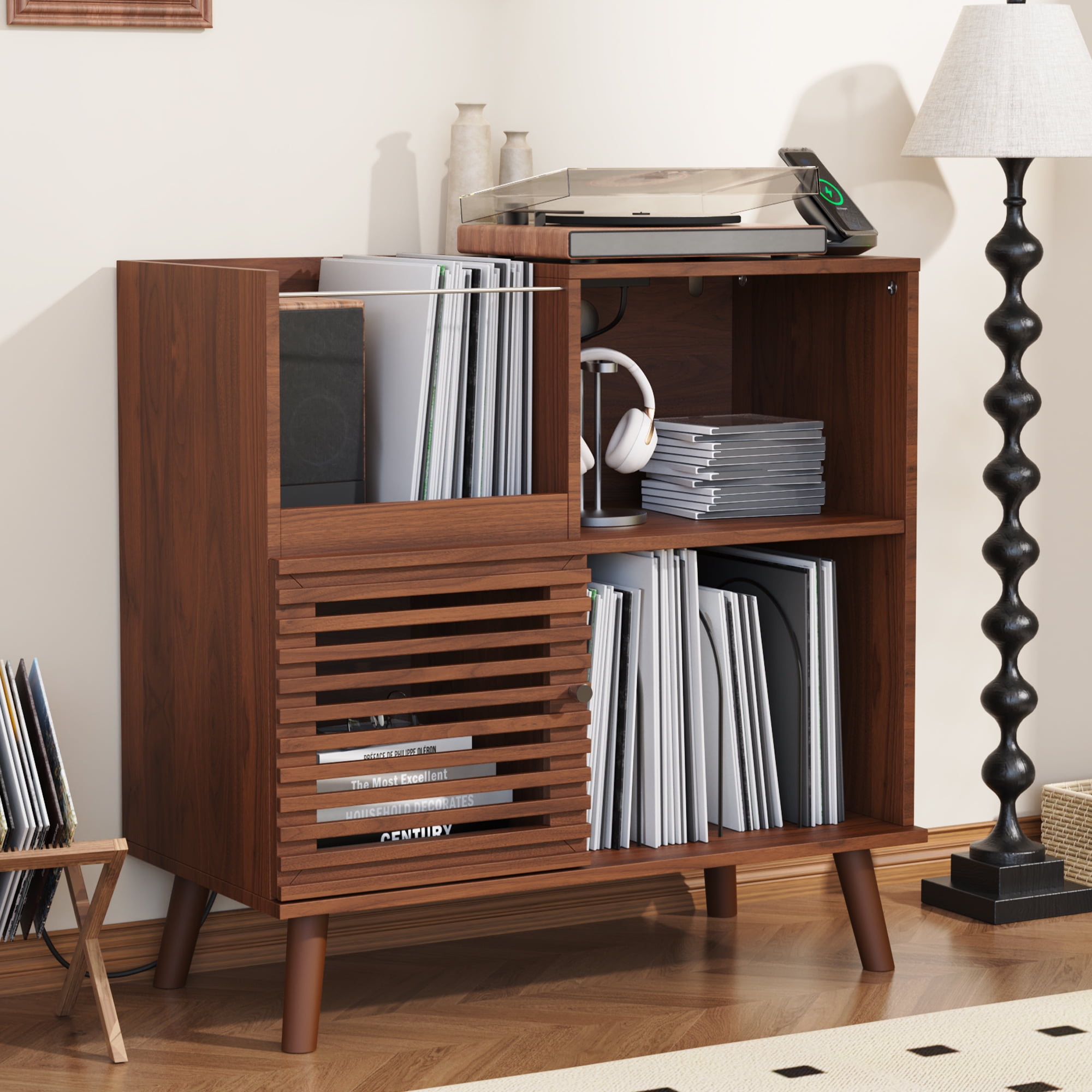 Record Player Stand with Power Outlet, Mid-Century Turntable Stand ...