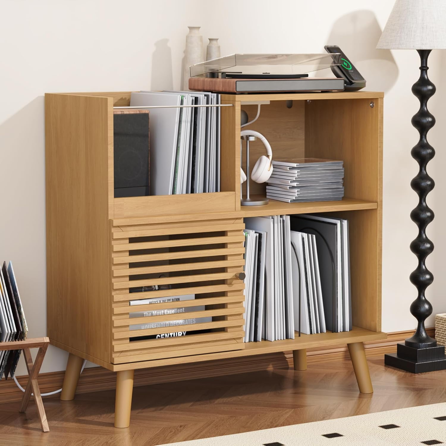 Record Player Stand with Power Outlet, Vinyl Record Storage Table Holds ...