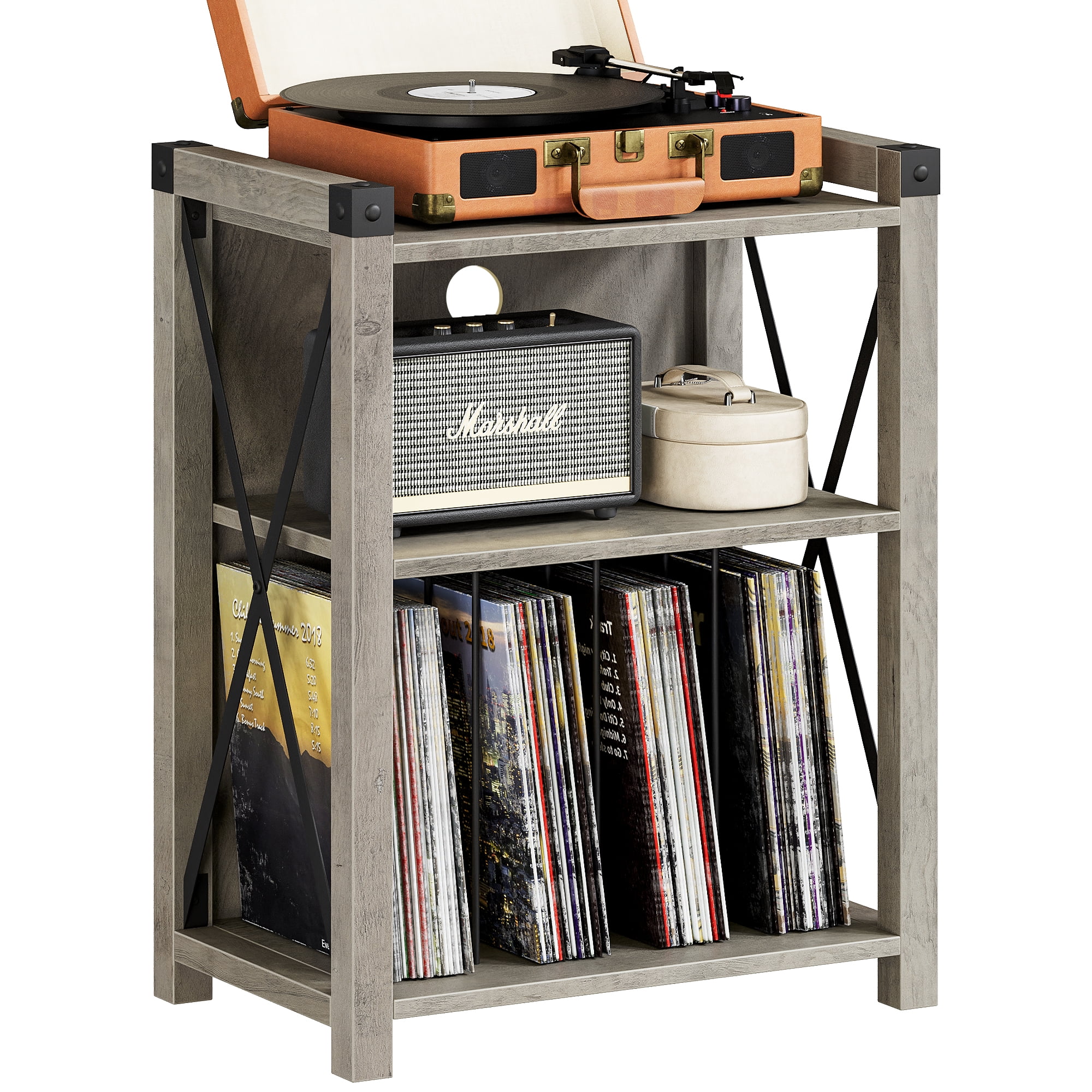 Record Player Stand with Storage, Farmhouse Wooden Turntable Stand with ...