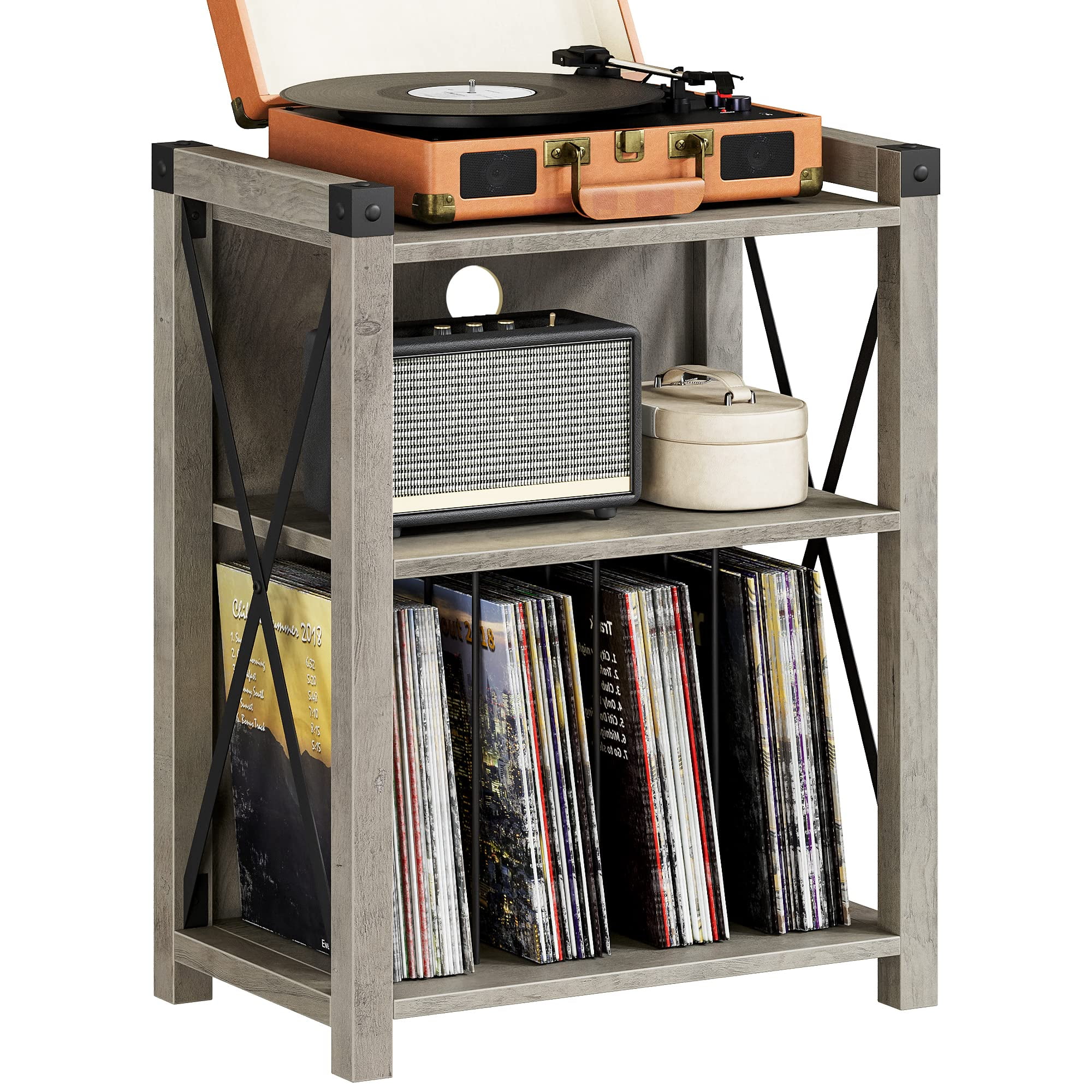 Record Player Stand with Storage, Farmhouse Wooden Turntable Stand with ...