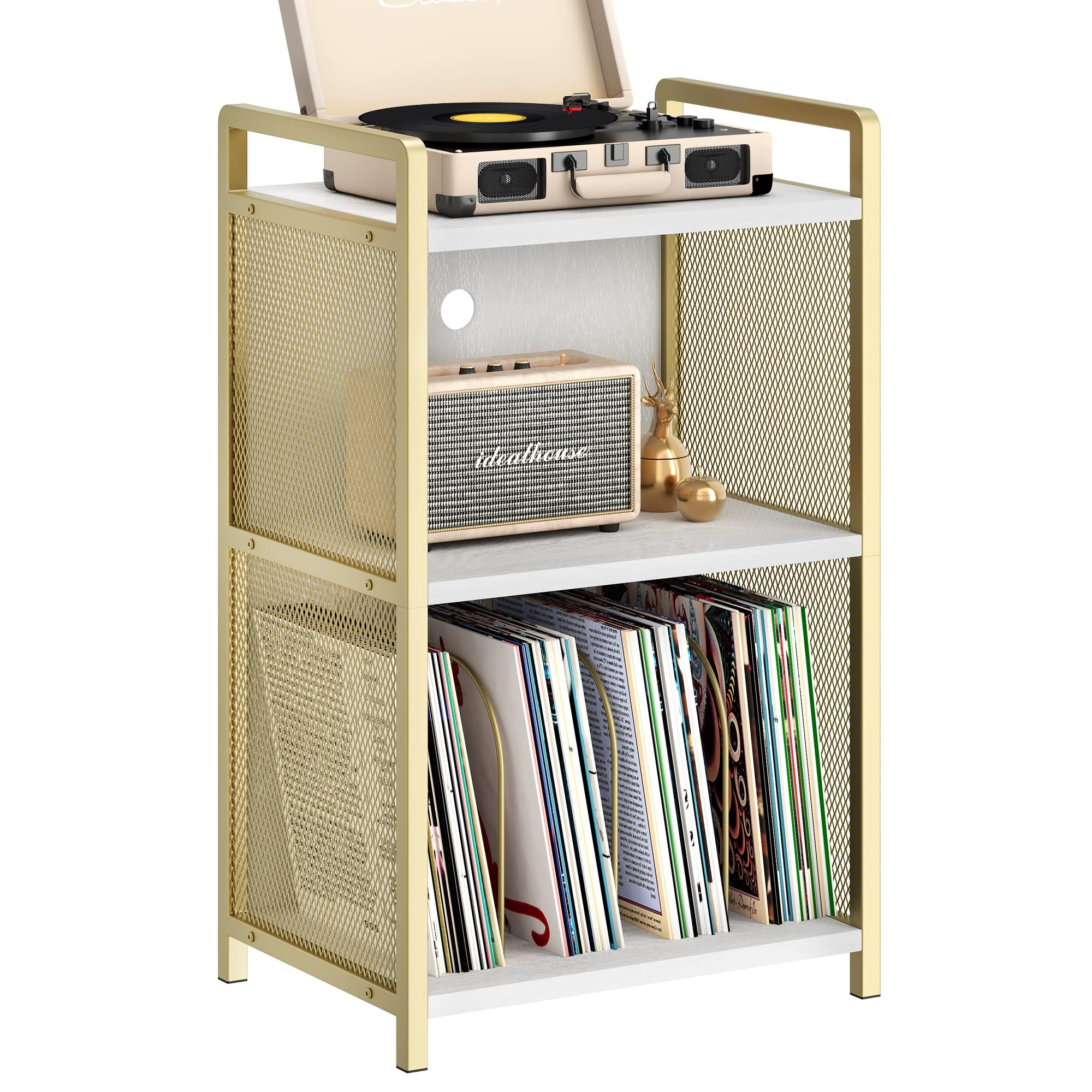 Record Player Stand with Storage, Gold Wooden Turntable Stand with Mesh ...