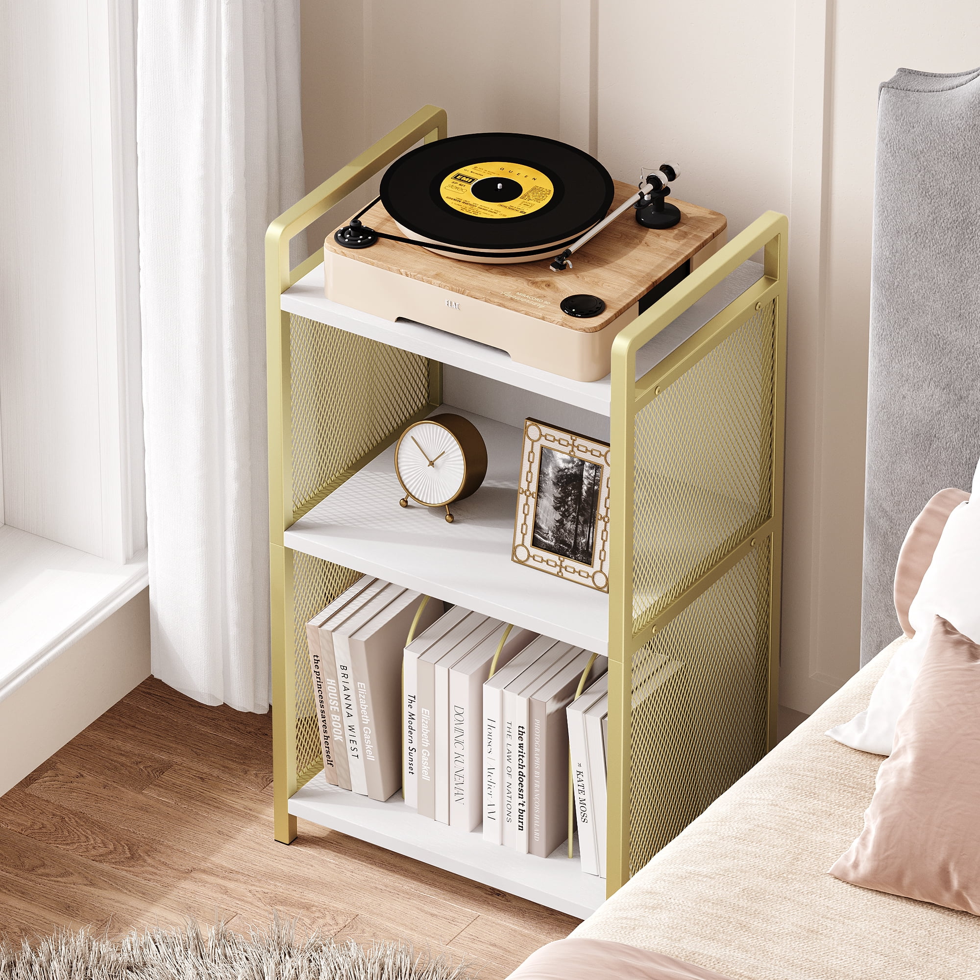 Record Player Stand with Storage, Gold Wooden Turntable Stand with Mesh ...