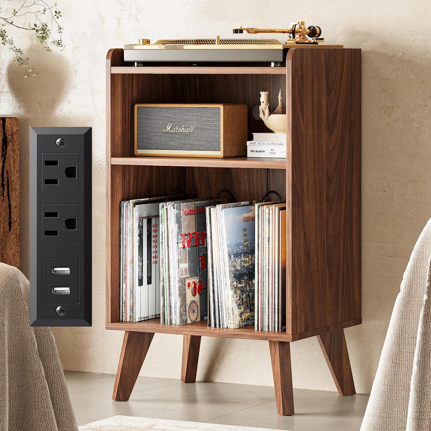 Record Player Stand, Turntable Stand with Record Storage and Charging ...