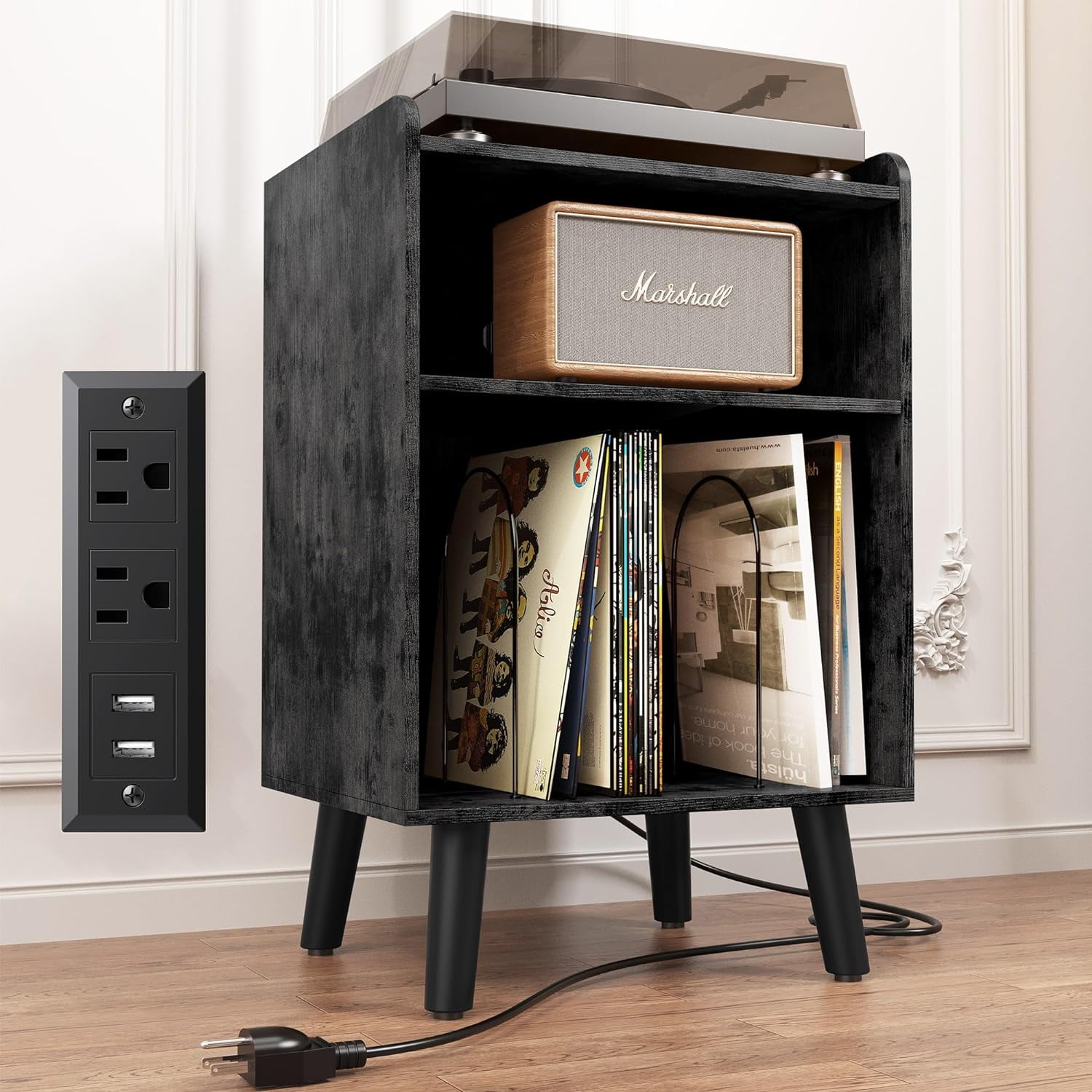 Record Player Stand, Turntable Stand with Record Storage and Charging ...
